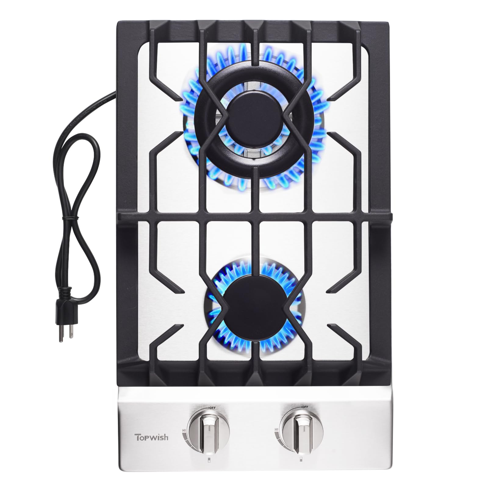 TOPWISH 2 Burner Propane Gas Cooktop, 12" Inch LPG/NG Built-in Gas Stove Top with 2 ITALY SABAF Sealed Burners 18,000BTU, Stainless Steel, RV Stove Top with Thermocouple Protect, Apartment, Outdoor