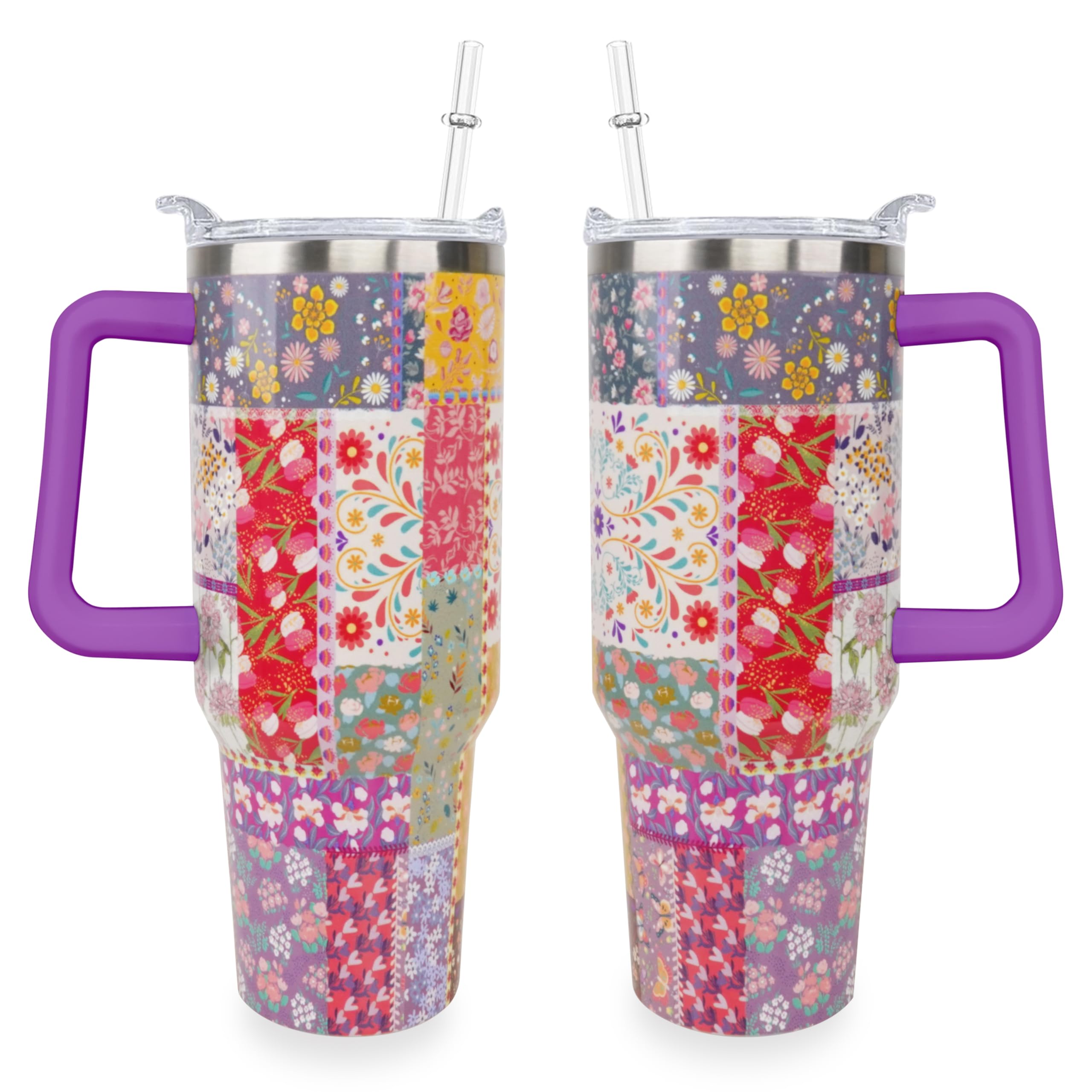 Sunmdecor Pioneer Women Tumbler with Handle and Silicone Straws - 40 Oz Flower Cups Insulated Tumbler - Monther's Day Nice Gift for Mom, Grandma