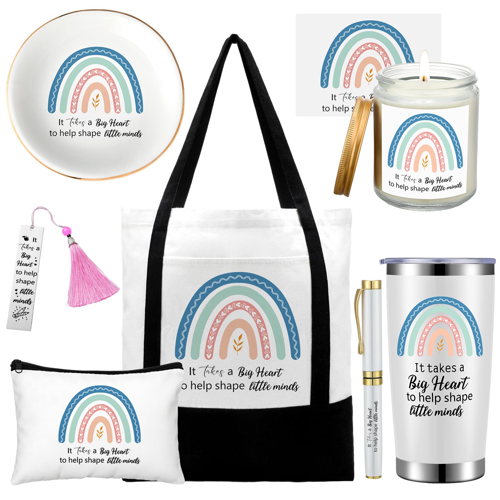 Aliceset 8 Pcs Teacher Appreciation Gifts for Women Thank You Gift 20oz Tumbler Tote Bag Makeup Bag Candle Jewelry Tray Pen Bookmark Greeting Card Back to Birthday Gifts