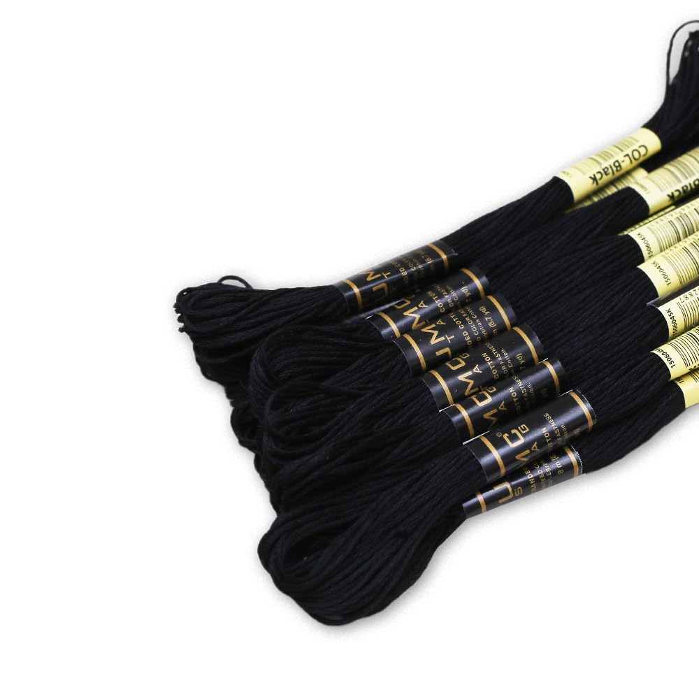 UMC STAG Pack of 12 Black Premium Embroidery Thread | 100% Egyptian Cotton Premium Skeins | Cross Stitch Embroidery Floss | Oeko TEX Certified Stranded Cotton | Ideal for Arts & Crafts (Black-12)