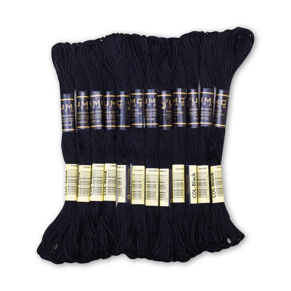 UMC STAG Pack of 12 Black Premium Embroidery Thread | 100% Egyptian Cotton Premium Skeins | Cross Stitch Embroidery Floss | Oeko TEX Certified Stranded Cotton | Ideal for Arts & Crafts (Black-12)