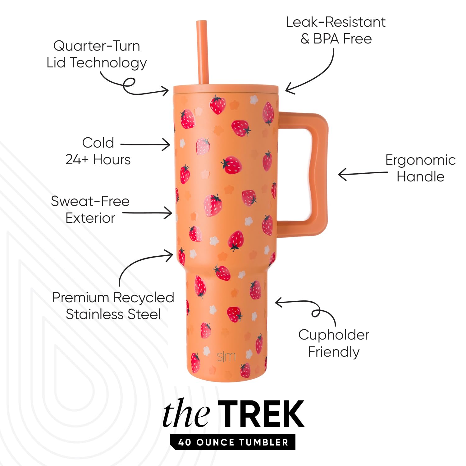 Simple Modern 40 oz Trek Tumbler with Handle and Straw Lid | Cup Holder Friendly Insulated Stainless Steel Travel Mug | Strawberry Fields