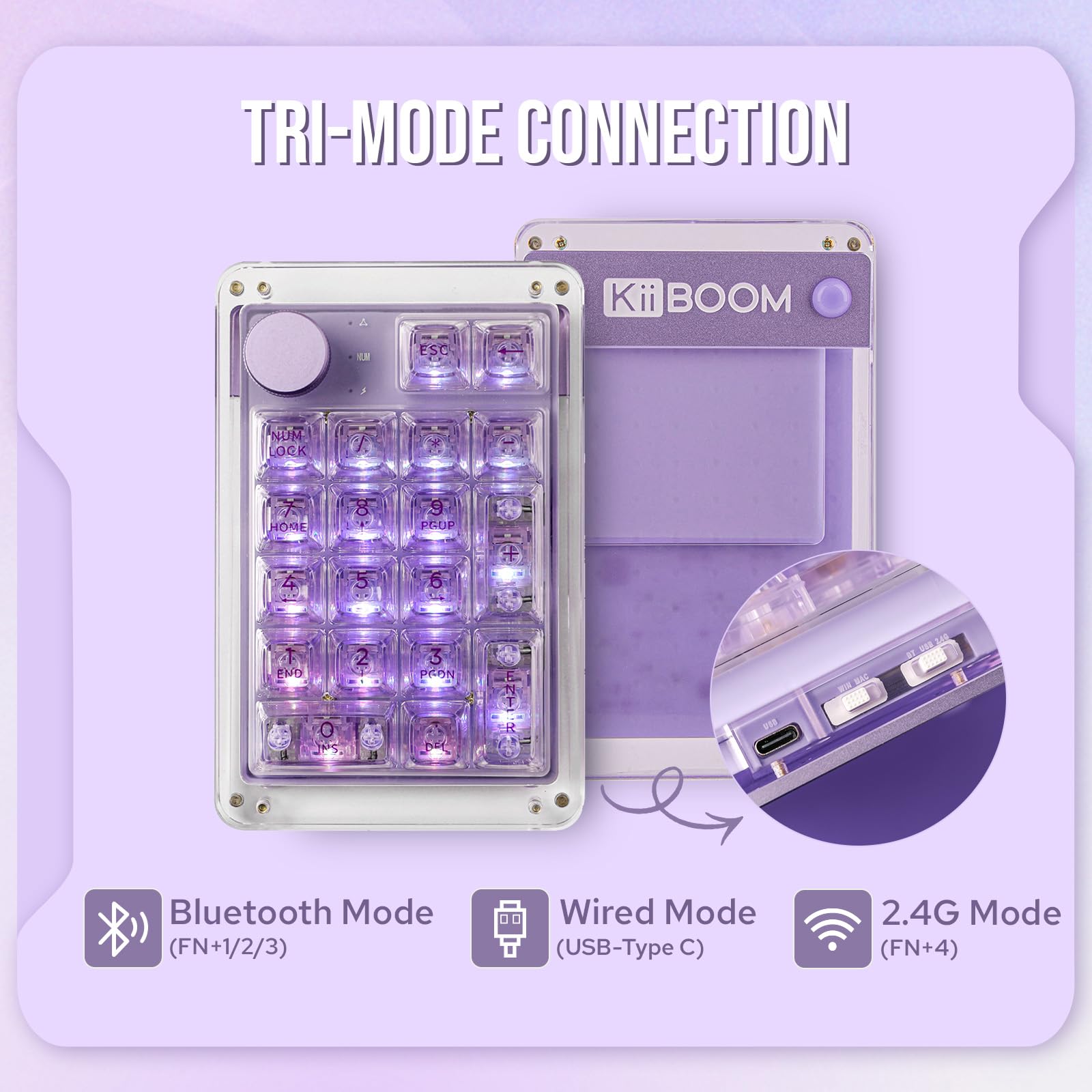 KiiBoom Phantom 21 Hot Swappable Crystal Acrylic Numpad, BT5.0/2.4GHz/USB-C Triple Mode NKRO Programmable Numeric Keypad with Knob, South-Facing RGB, 1900mAh Battery for Win/Mac (Purple)