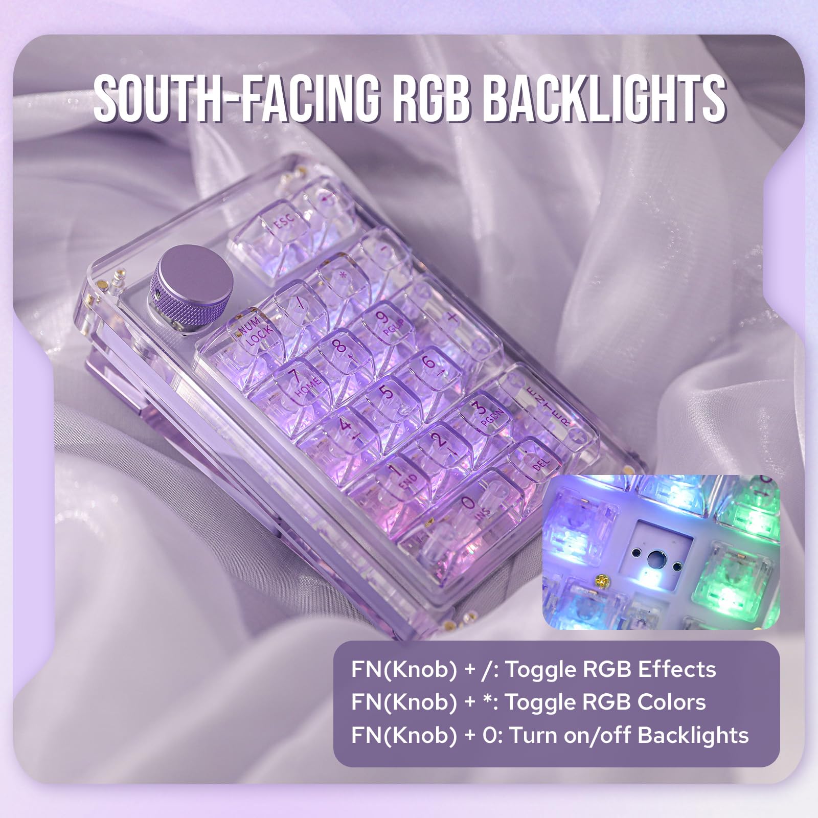 KiiBoom Phantom 21 Hot Swappable Crystal Acrylic Numpad, BT5.0/2.4GHz/USB-C Triple Mode NKRO Programmable Numeric Keypad with Knob, South-Facing RGB, 1900mAh Battery for Win/Mac (Purple)