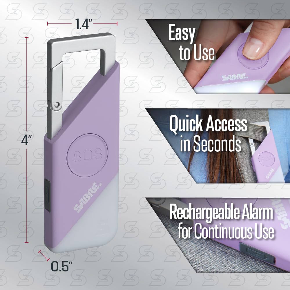 SABRE 2-in-1 Personal Alarm with LED Light & SOS Button, 130dB Siren Heard from 1,800-foot (500-meter), Carabiner Clip for Easy Carry on Backpacks & Purses, Rechargeable with Charging Cord Included