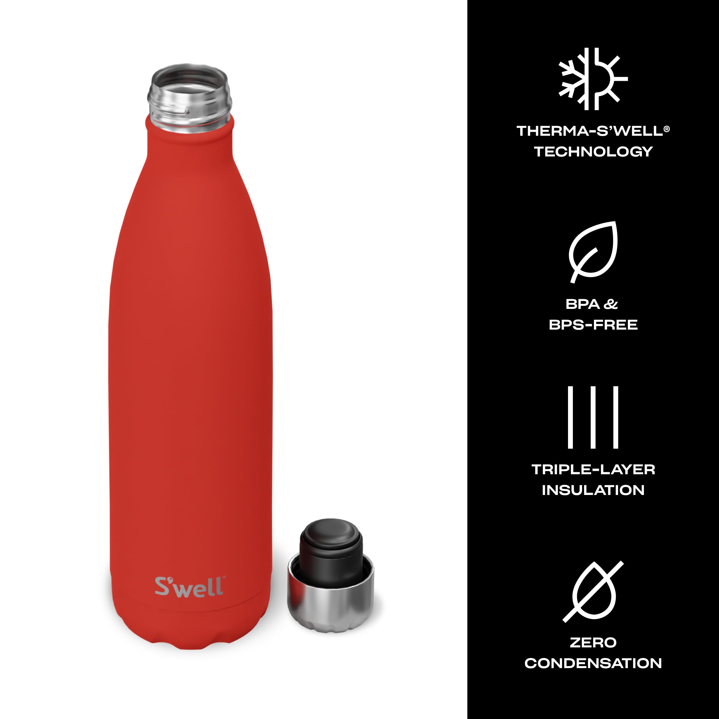 S'well Stainless Steel Water Bottle, 25oz, Poppy Red, Triple Layered Vacuum Insulated Containers Keeps Drinks Cold for 48 Hours and Hot for 24, BPA Free, Perfect for On the Go