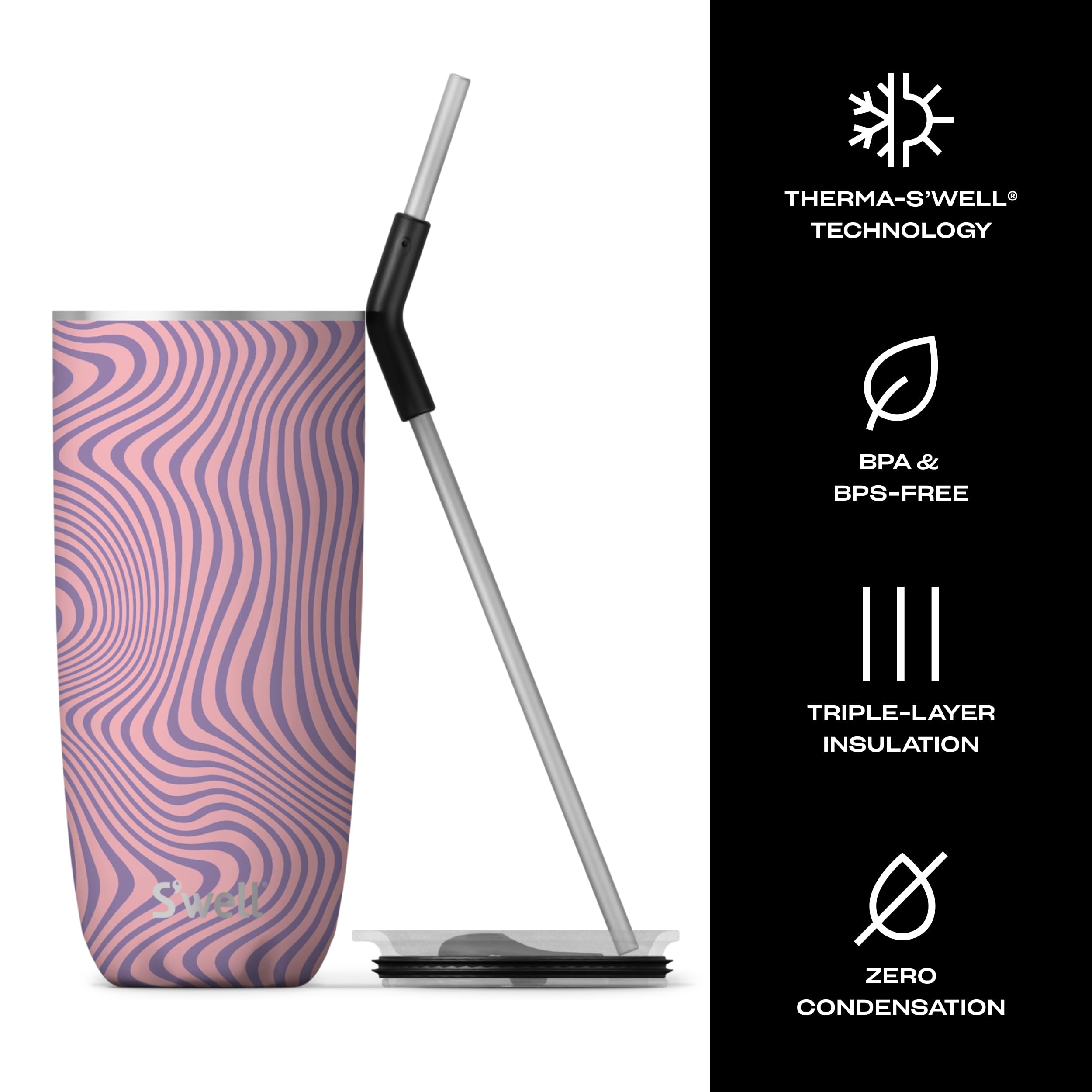 S'well Stainless Steel Tumbler with Straw and Slide-Open Lid, 24oz, Lavender Swirl, Triple Layered Vacuum Insulated Containers Keeps Drinks Cold for 18 Hours and Hot for 5, BPA Free