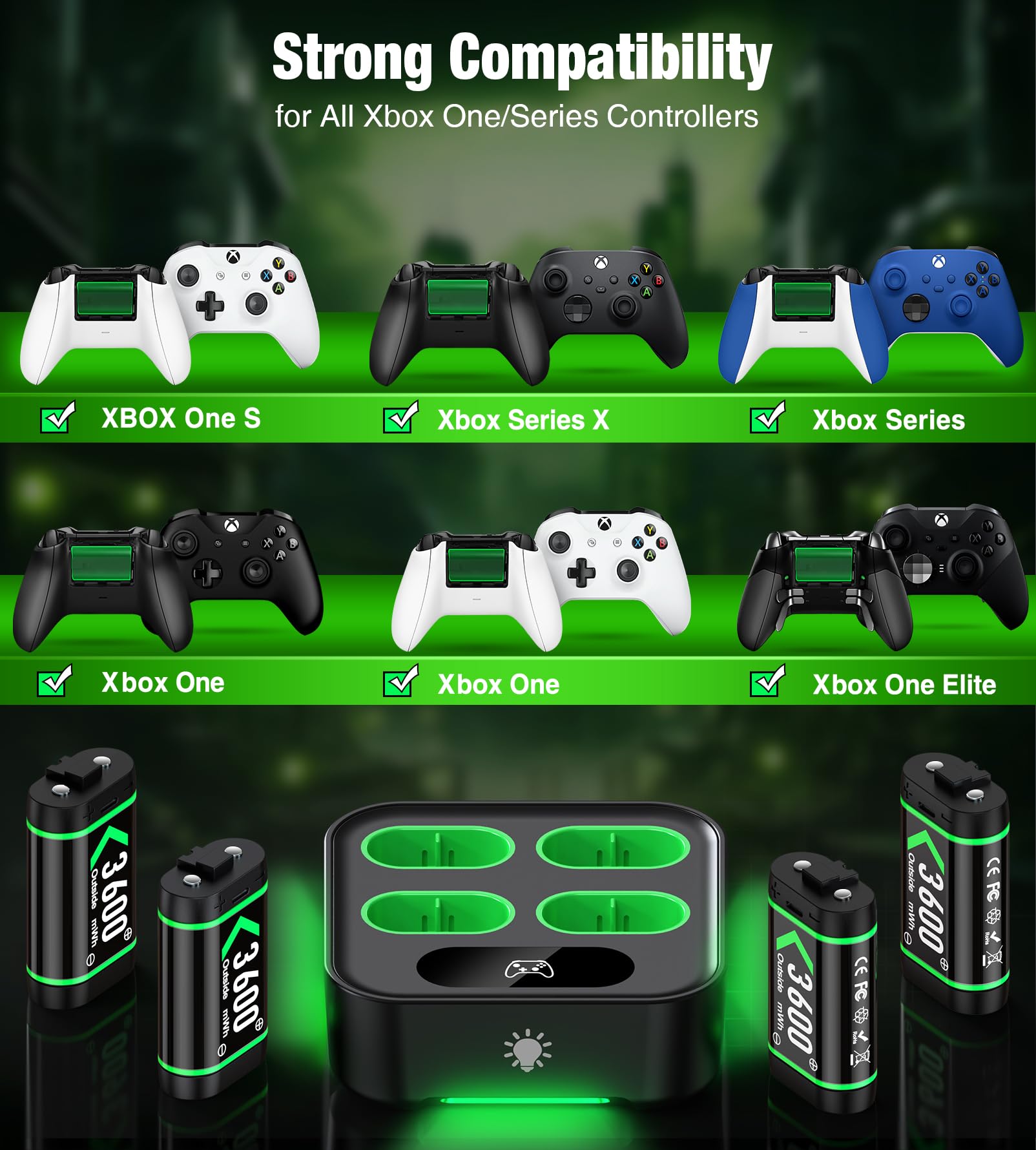 Upgraded Fast Charging Rechargeable Battery Packs with Light Control, 4 x 3600mWh Xbox Controller Batteries with Charger Dock/Station for Xbox Series X|S, One S/X/Elite Controllers, Console Accessory