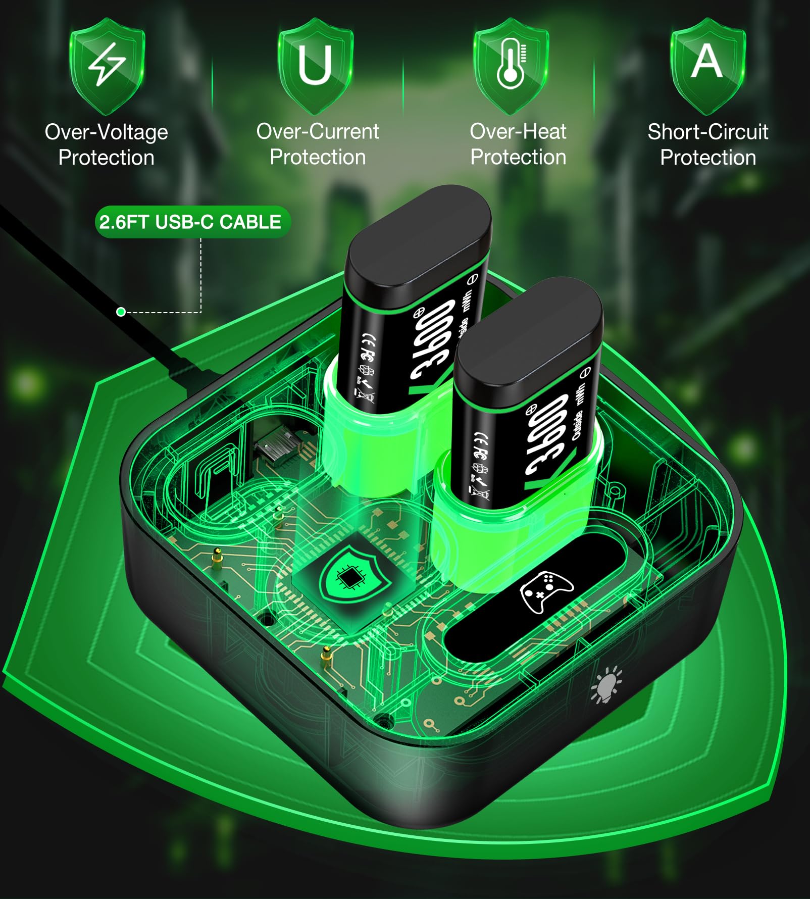 Upgraded Fast Charging Rechargeable Battery Packs with Light Control, 4 x 3600mWh Xbox Controller Batteries with Charger Dock/Station for Xbox Series X|S, One S/X/Elite Controllers, Console Accessory