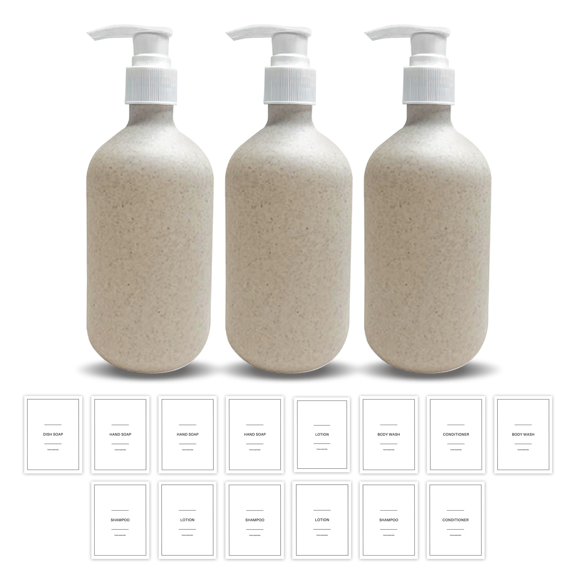 Quintessential Soap Dispenser Set of 3 with Pump Nozzles, Wheat Straw Bottles 500 ml Dispenser, Refillable Liquid Dispensers for Bathroom Countertop & Dish wash Soaps with 14 Organizing Labels