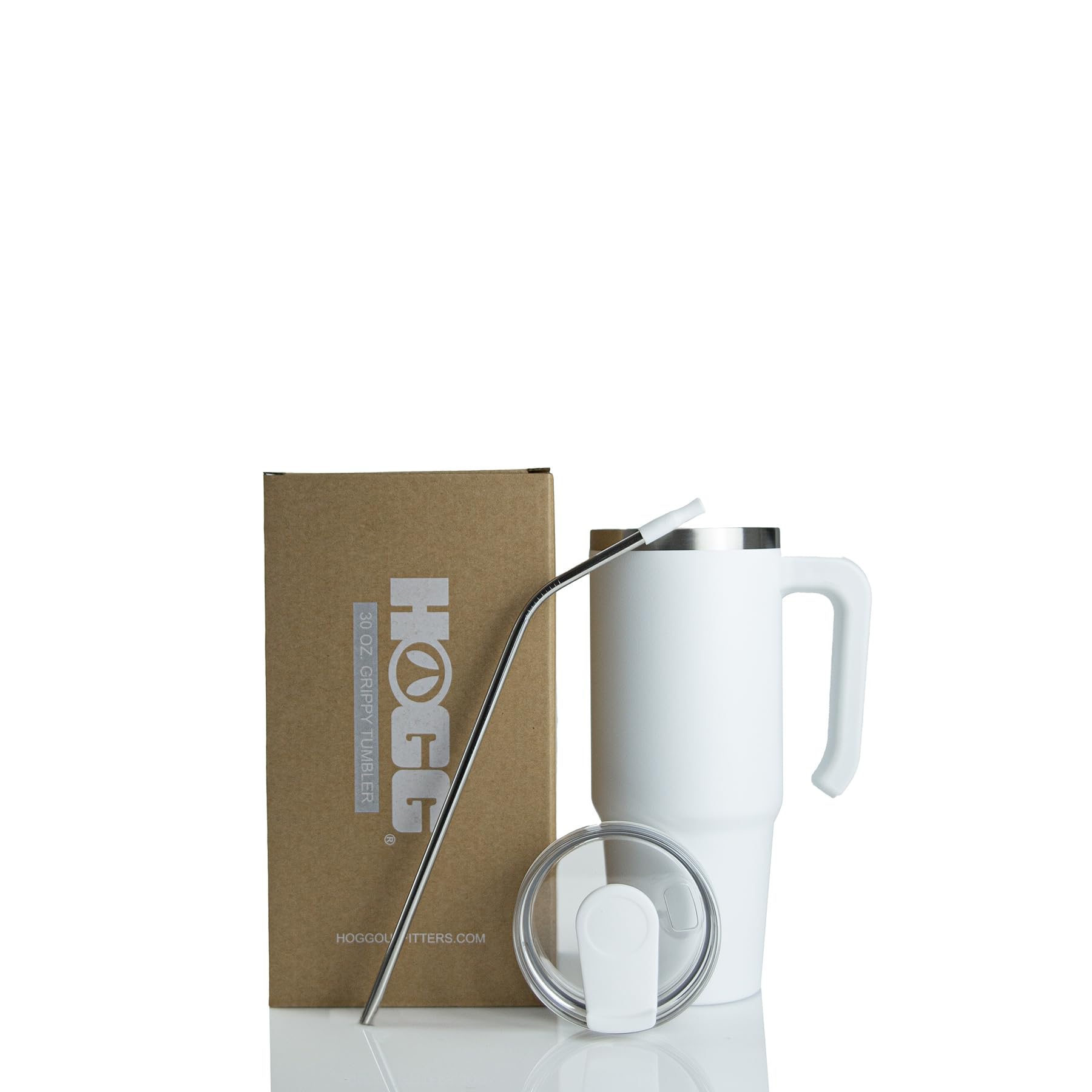 Hogg 30oz Grippy Tumbler with Removable Handle, Lid, and Stainless Steel Straw, DIY, Customizable, Double Wall Insulated Tumblers (White)