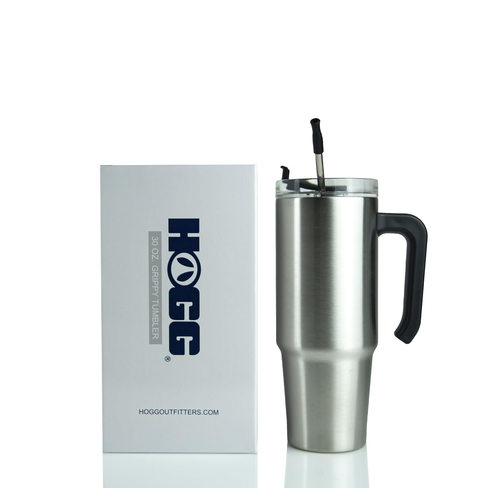 Hogg 30oz Grippy Tumbler with Removable Handle, Lid, and Stainless Steel Straw, DIY, Customizable, Double Wall Insulated Tumblers (Silver)