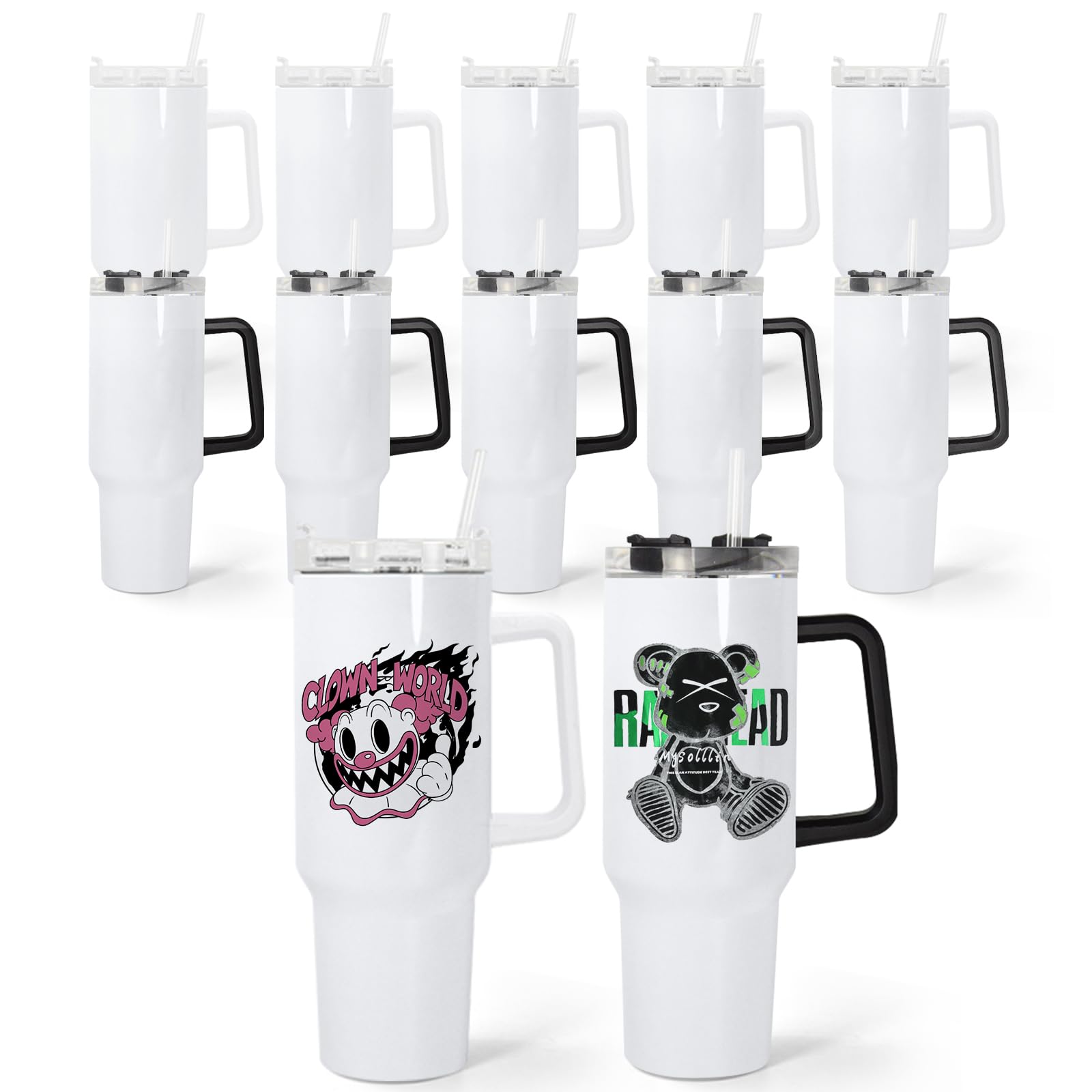 sweet grain 40 oz Sublimation Tumbler with Handle 12 Pack Sublimation Tumblers Blanks Bulk Leak-proof Lid and Straw Insulated Stainless Steel Travel Mug Keeps Cold for 34 Hours (Black & White)