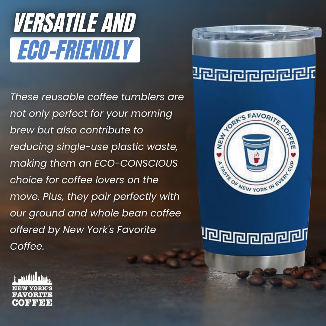 New York's Favorite Coffee New York Greek Anthora Style 20oz Blue Coffee Tumbler with Mag Lid - Logo - Spill-Proof Travel Mug with Clear Mag Lid