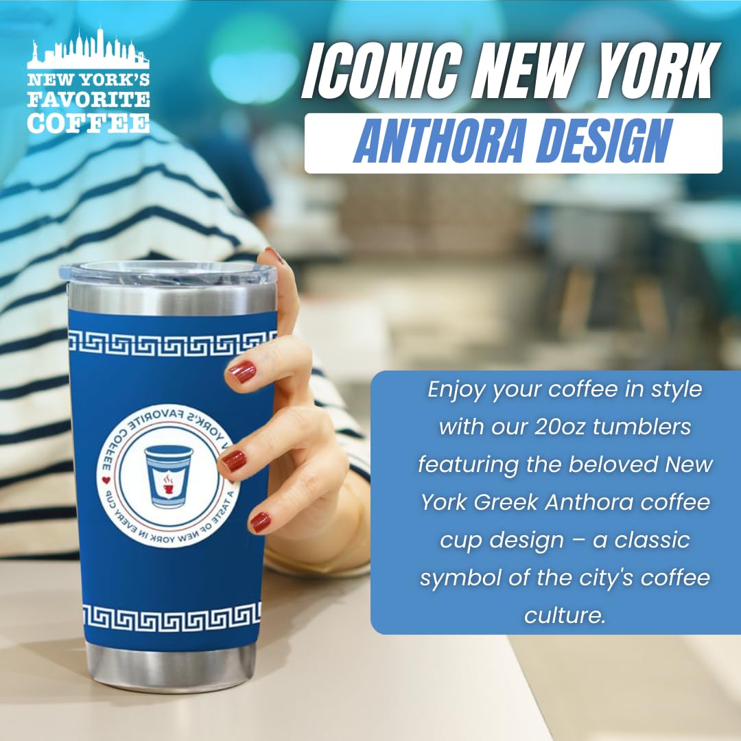 New York's Favorite Coffee New York Greek Anthora Style 20oz Blue Coffee Tumbler with Mag Lid - Logo - Spill-Proof Travel Mug with Clear Mag Lid
