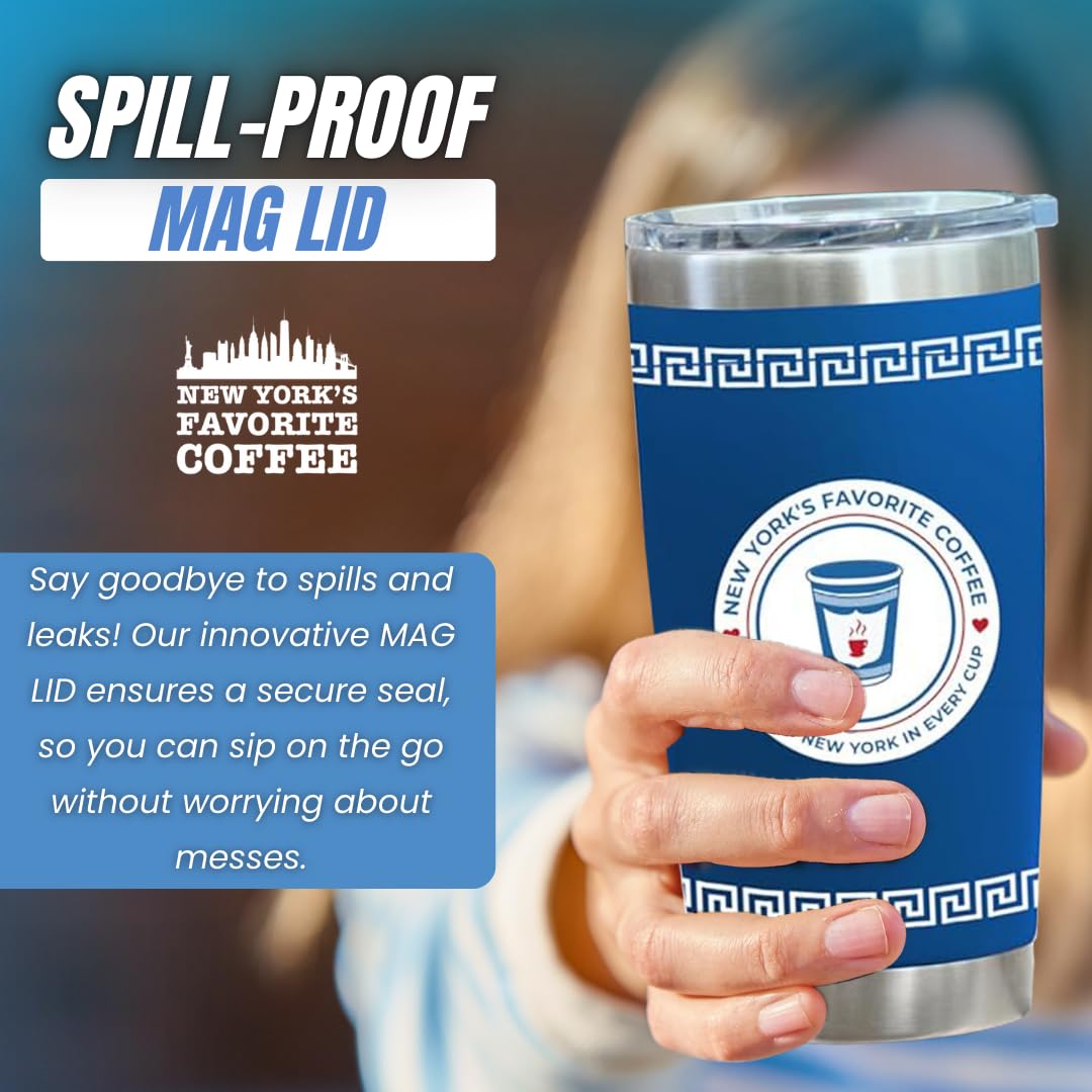 New York's Favorite Coffee New York Greek Anthora Style 20oz Blue Coffee Tumbler with Mag Lid - Logo - Spill-Proof Travel Mug with Clear Mag Lid