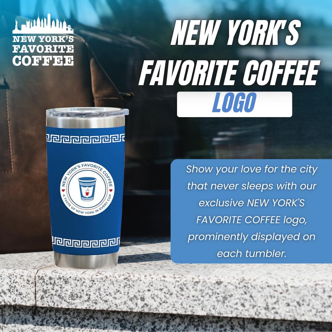 New York's Favorite Coffee New York Greek Anthora Style 20oz Blue Coffee Tumbler with Mag Lid - Logo - Spill-Proof Travel Mug with Clear Mag Lid