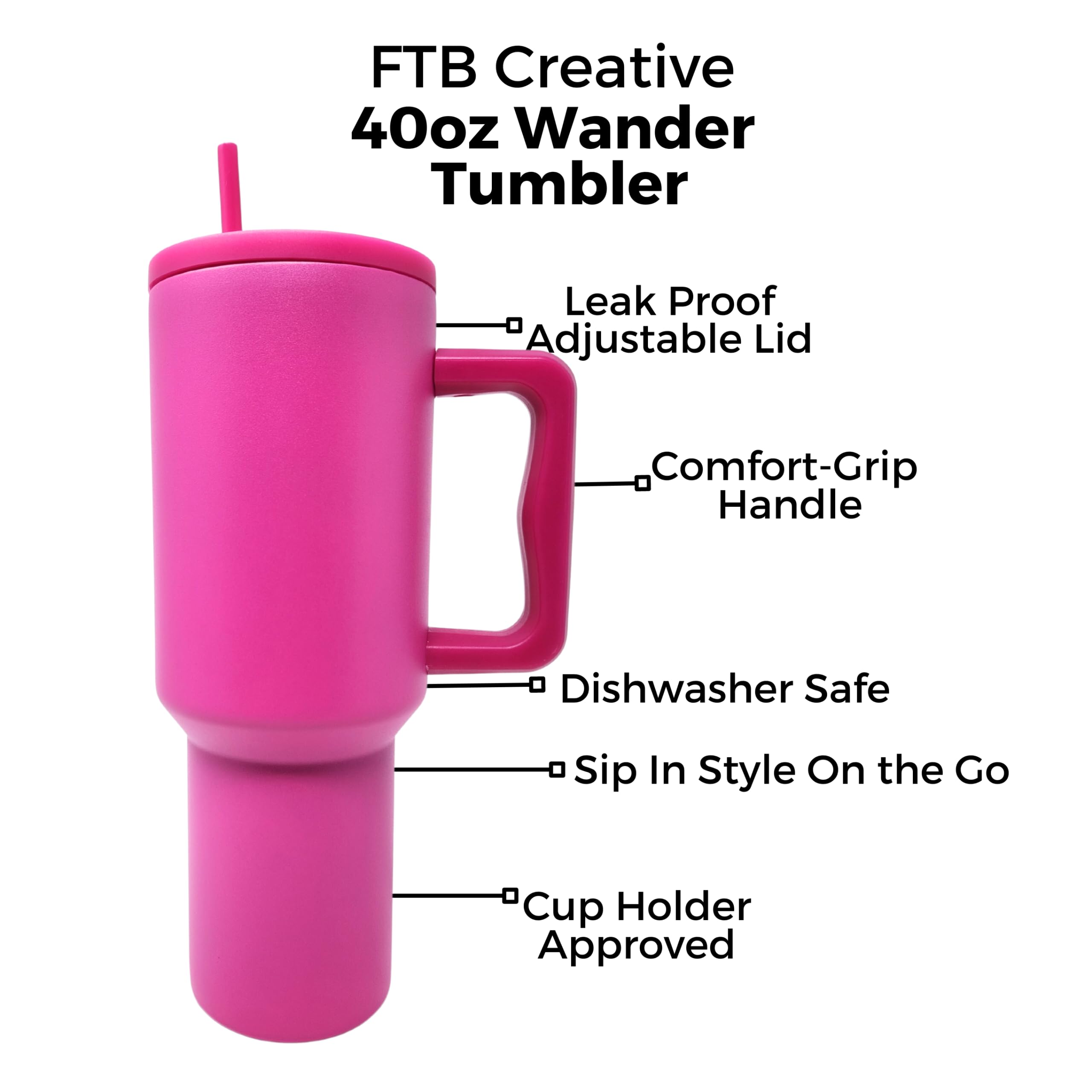 FTB Creative, Wander 40oz tumbler, Double Wall Stainless Steel, with Lid and Straw (Prickly Pear)