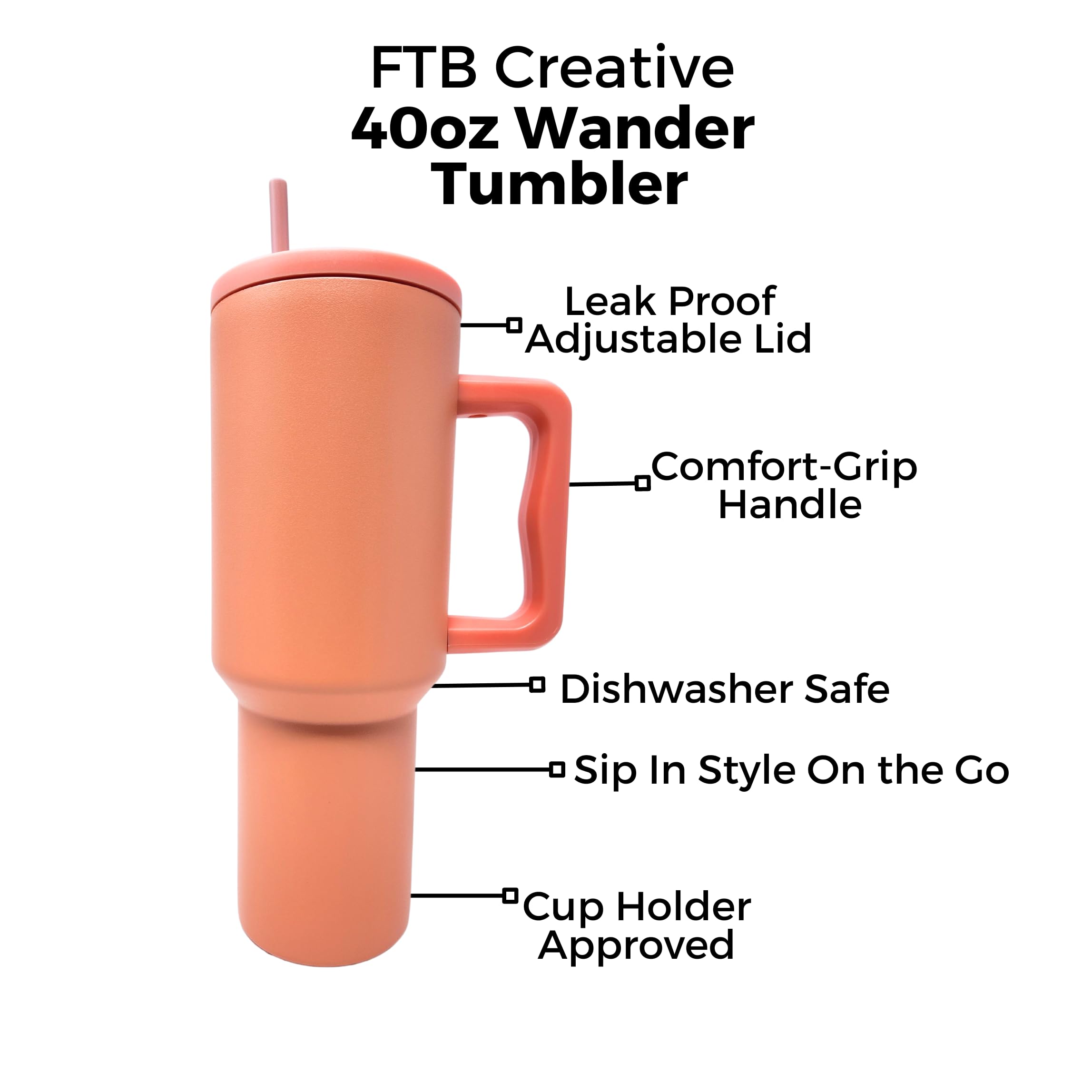 FTB Creative, Wander 40oz Tumbler, Double Wall Stainless Steel, with Lid and Straw (Melon)