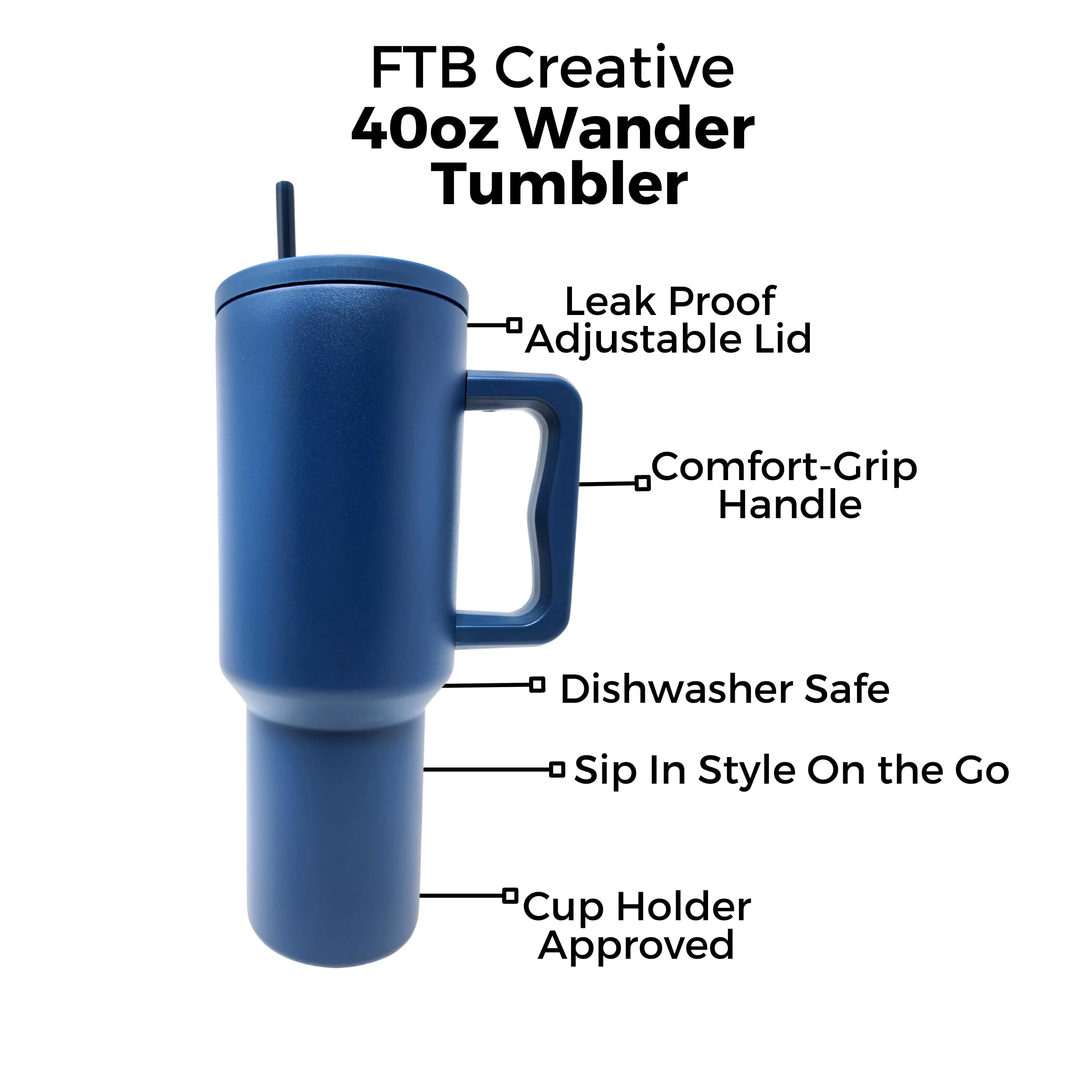 FTB Creative, Wander 40oz Tumbler, Double Wall Stainless Steel, with Lid and Straw (Blueberry)