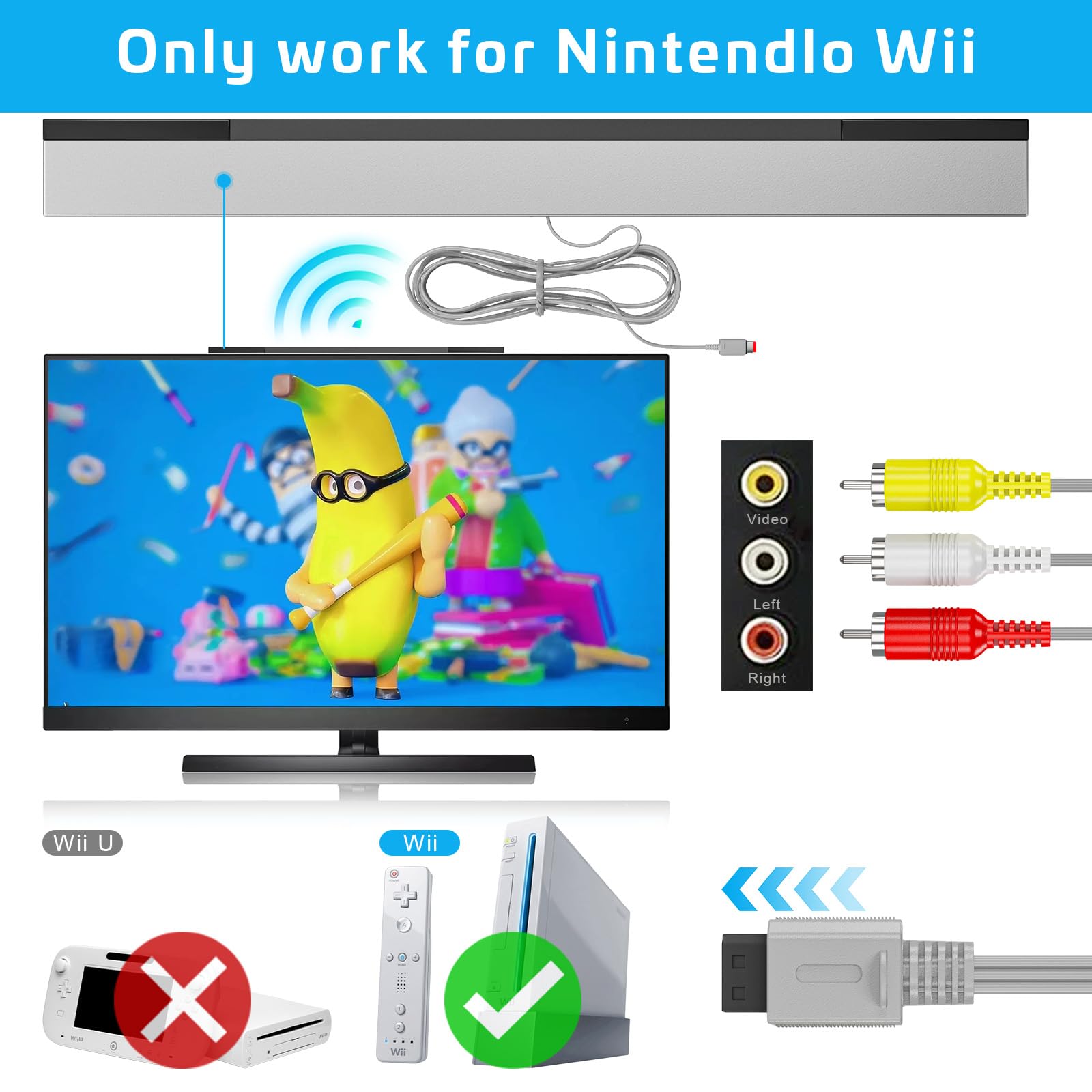 LA NREUCETS 3 in 1 Wii Wired Motion Sensor Bar + AC Power Supply Adapter Cord + Composite Audio Video Cable Compatible with Nintendo Wii (Not for Wii U)