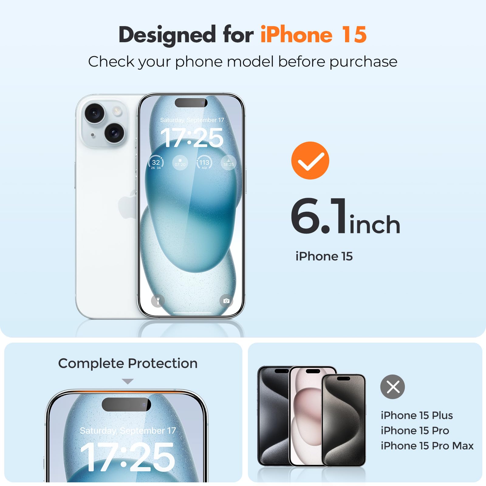 UNBREAKcable 3-Pack Screen Protector for iPhone 15, Double Shatterproof Tempered Glass [Easy Installation Frame] [9H Hardness] [99.99% HD Clear] [Case Friendly] for iPhone 6.1 inch