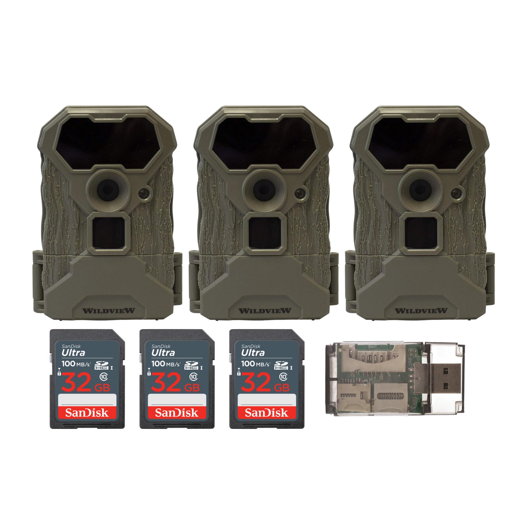 Stealth Cam Wildview Trail Camera 14MP - Fast 0.7s Trigger Speed, 60-Feet IR Range - Outdoor Wildlife Monitoring Bundle with 32GB Memory Card and High-Speed Card Reader (3-Pack)