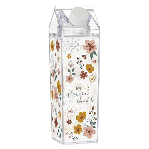 Acrylic Water Bottle by Heartfelt - Square Bottles - Clear Carton Juice or Milk Carton Water Bottle, 17-Ounce, Flower Child