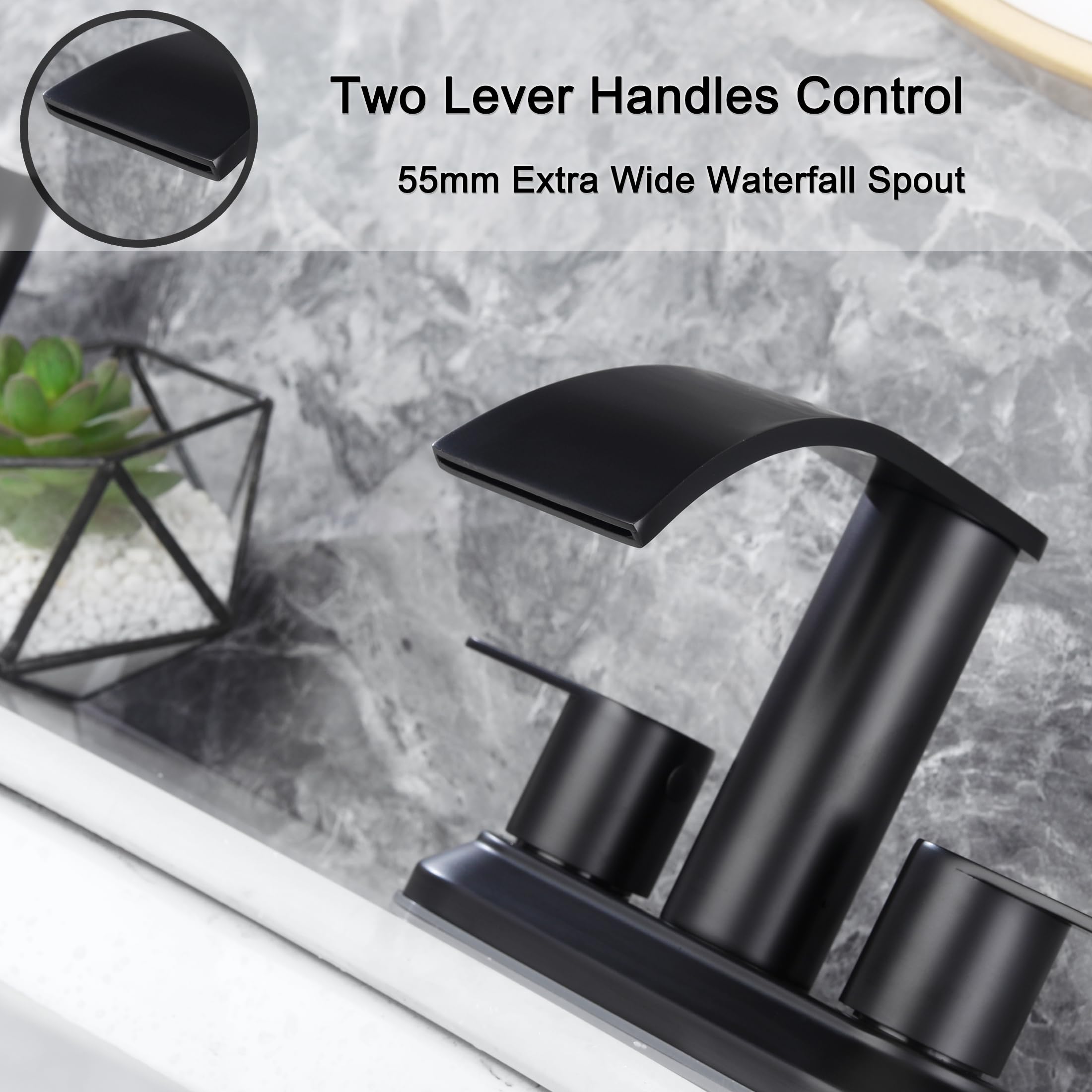 4 inch Centerset Bathroom Faucets Black Matte, Jodulos 2 Handle Waterfall Bathroom Sink Faucet with Pop Up Drain Stopper, Stainless Steel Bathroom Sink Faucet with cUPC Supply Lines JU-DE-201-BK
