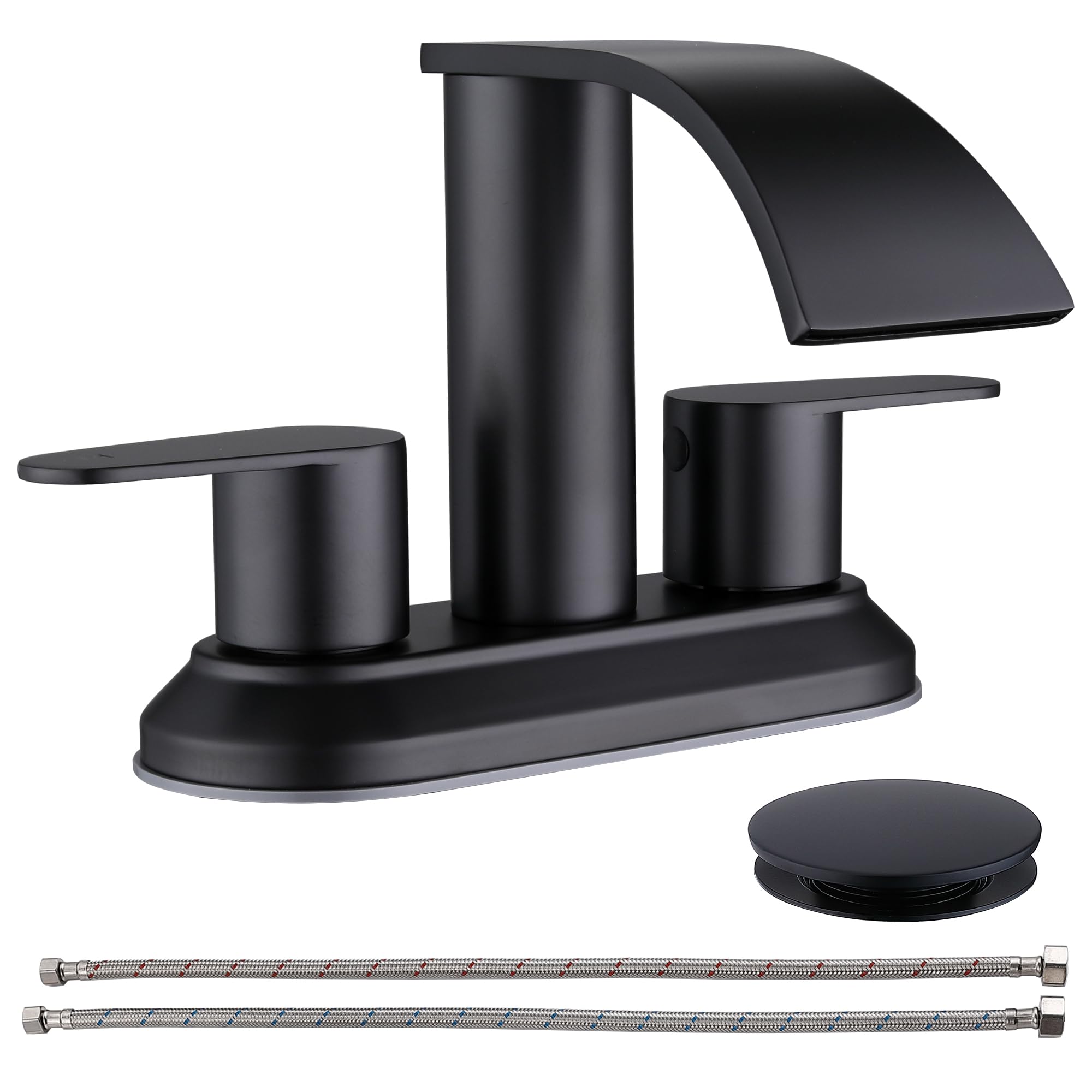 4 inch Centerset Bathroom Faucets Black Matte, Jodulos 2 Handle Waterfall Bathroom Sink Faucet with Pop Up Drain Stopper, Stainless Steel Bathroom Sink Faucet with cUPC Supply Lines JU-DE-201-BK
