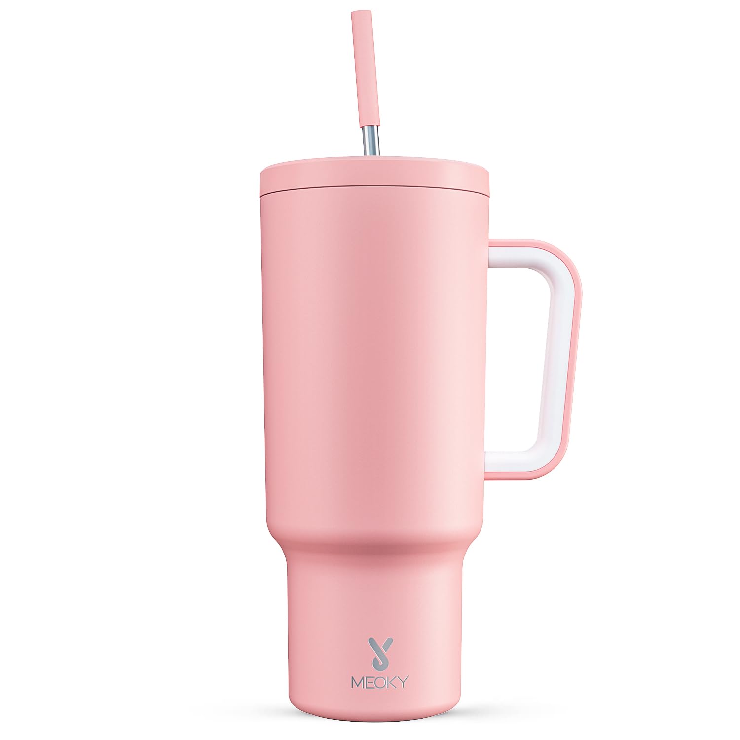 Meoky 40 oz Tumbler with Handle and Straw, Tumbler with Lid and Straw, Insulated Stainless Steel Travel Mug, 100% Leak-proof, Keeps Cold for 34 Hours or Hot for 10 Hours (Blush)