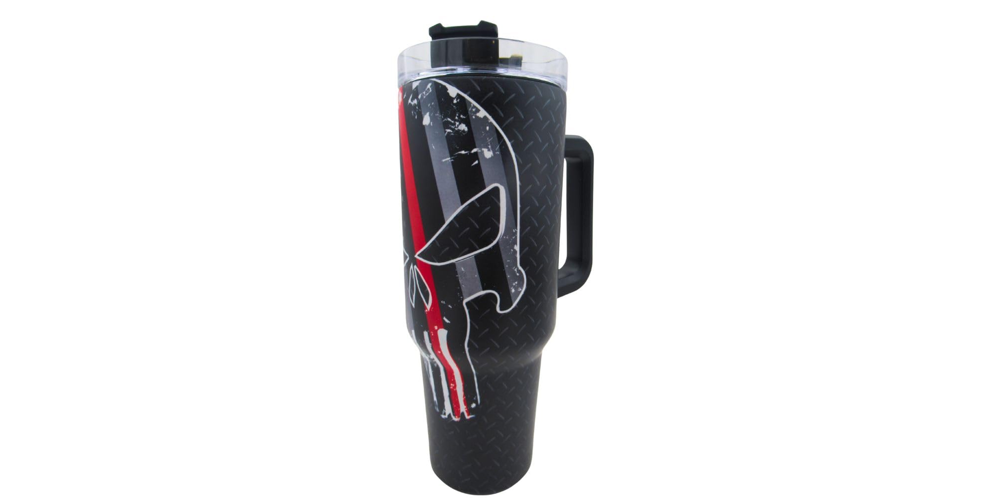 40 oz Skull and Diamond Plate Stainless Steel Tumbler with Handle, Full Wrap! Police, Fire, American, Flag Tumbler (Red Skull)