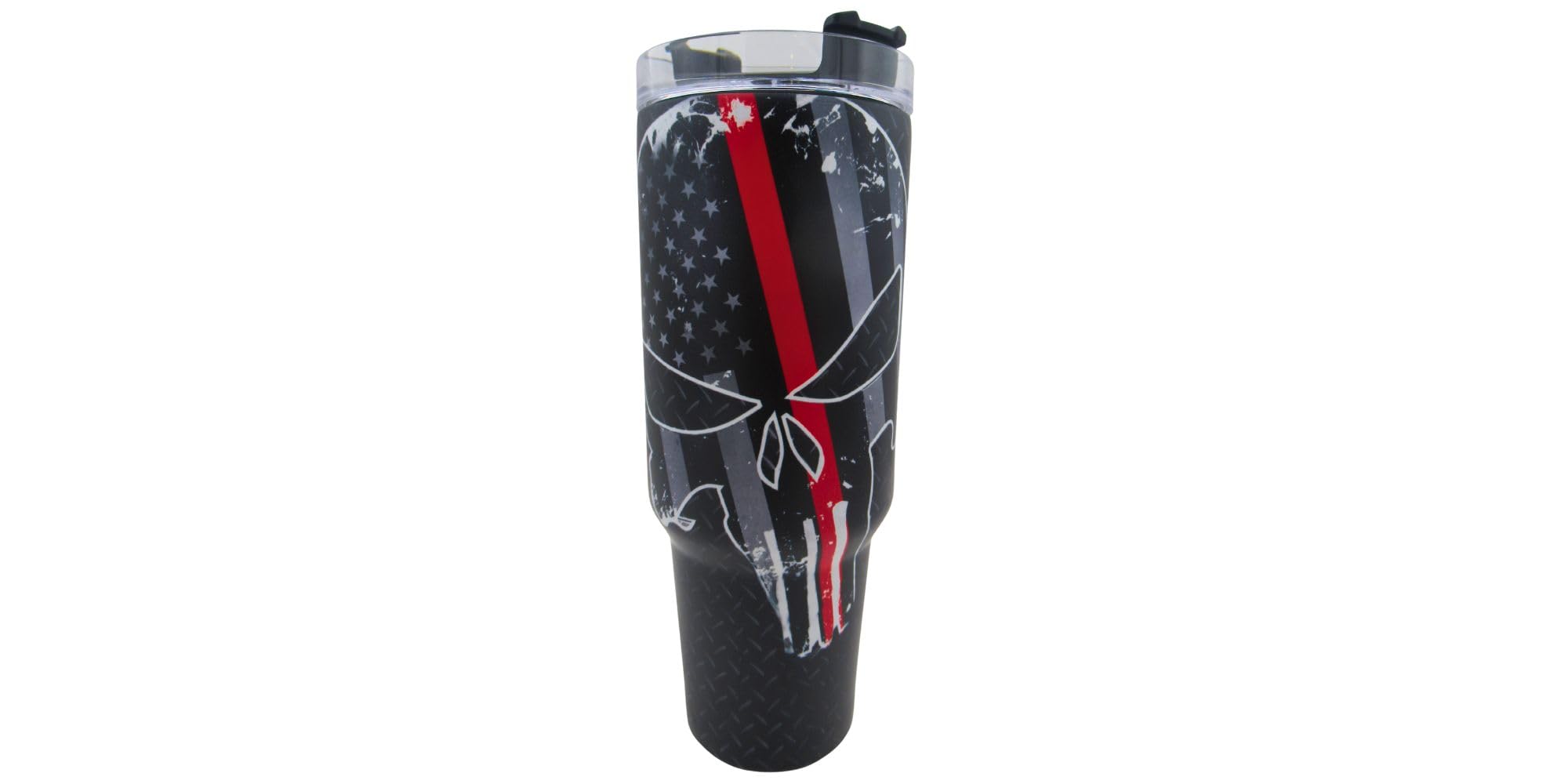 40 oz Skull and Diamond Plate Stainless Steel Tumbler with Handle, Full Wrap! Police, Fire, American, Flag Tumbler (Red Skull)