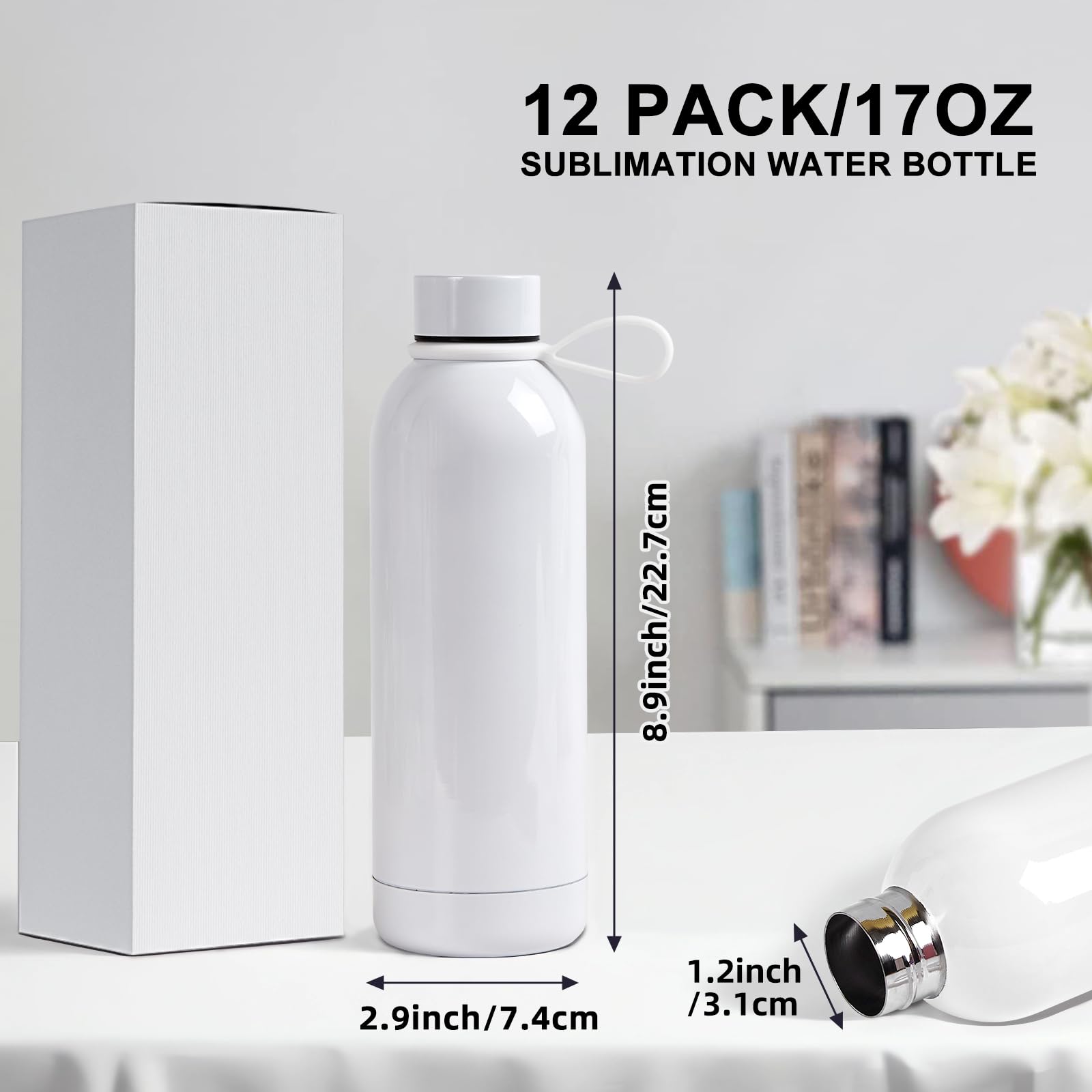 PlanetFlame 12 Pack 17 oz Sublimation Tumblers Bulk, Double-wall Insulated Stainless Steel Water Bottle Sublimation with Silicone Ring for Office,Gym,Travel, White