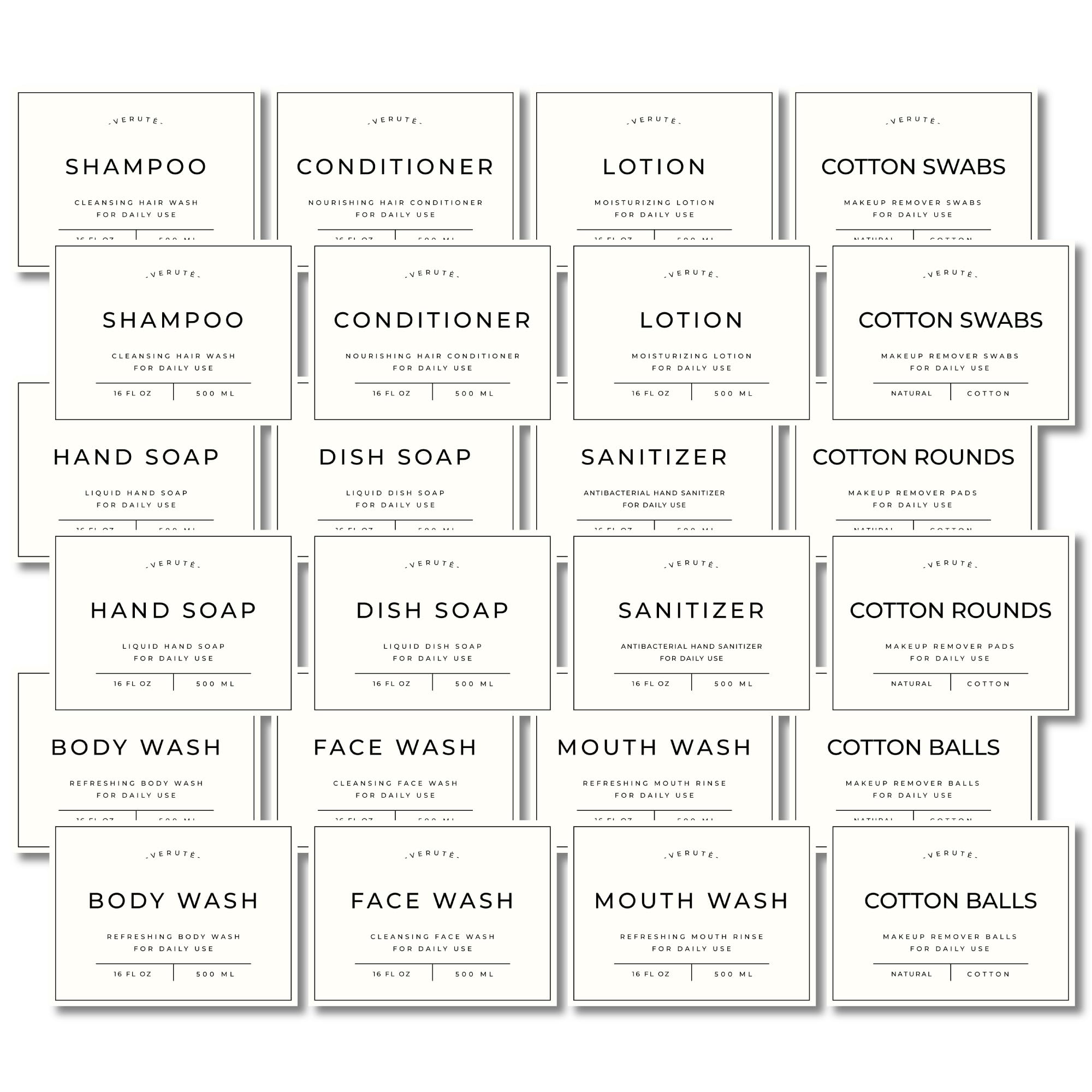 Verute Waterproof Labels for Amber Glass Soap Dispenser and Plastic Bottles 3.15"x2.35" Peel & Stick - Kitchen, Bathroom & Shower Set - 24 Pieces (White)