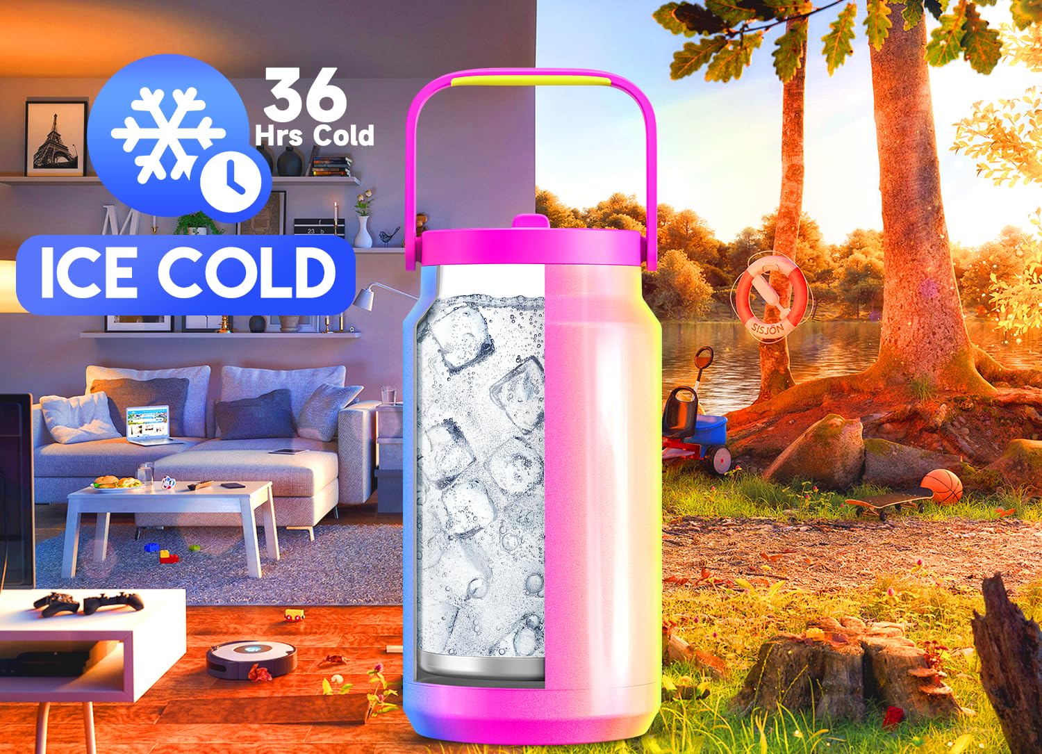 Meoky 50 oz Tumbler with Handle, Stainless Steel Vacuum Insulated Water Bottle, Keeps Cold for 36 Hours, 100% Leak Proof, BPA-free, Non-slip Base (Carnival)