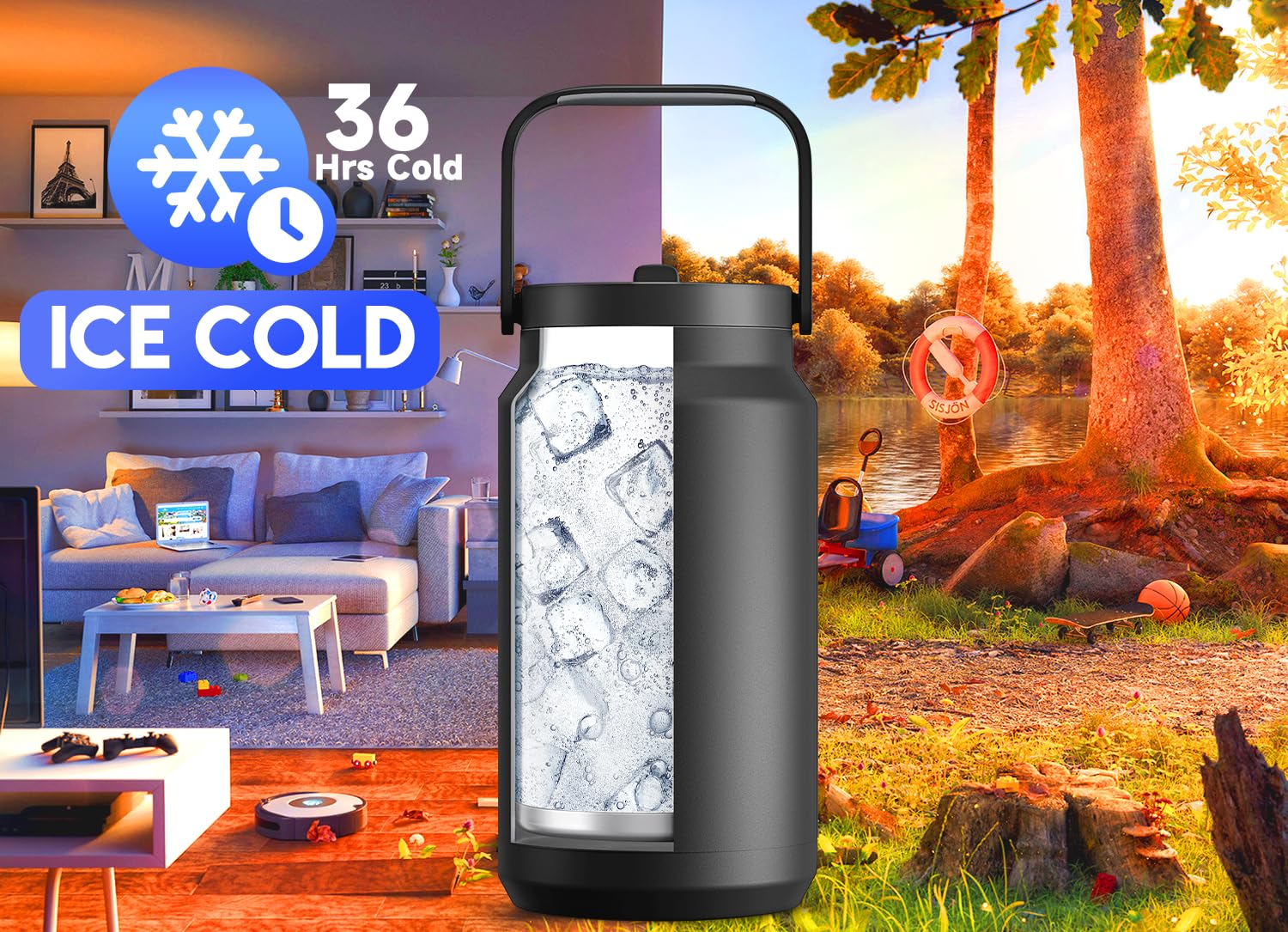 Meoky 50 oz Tumbler with Handle, Stainless Steel Vacuum Insulated Water Bottle, Keeps Cold for 36 Hours, 100% Leak Proof, BPA-free, Non-slip Base (Night
