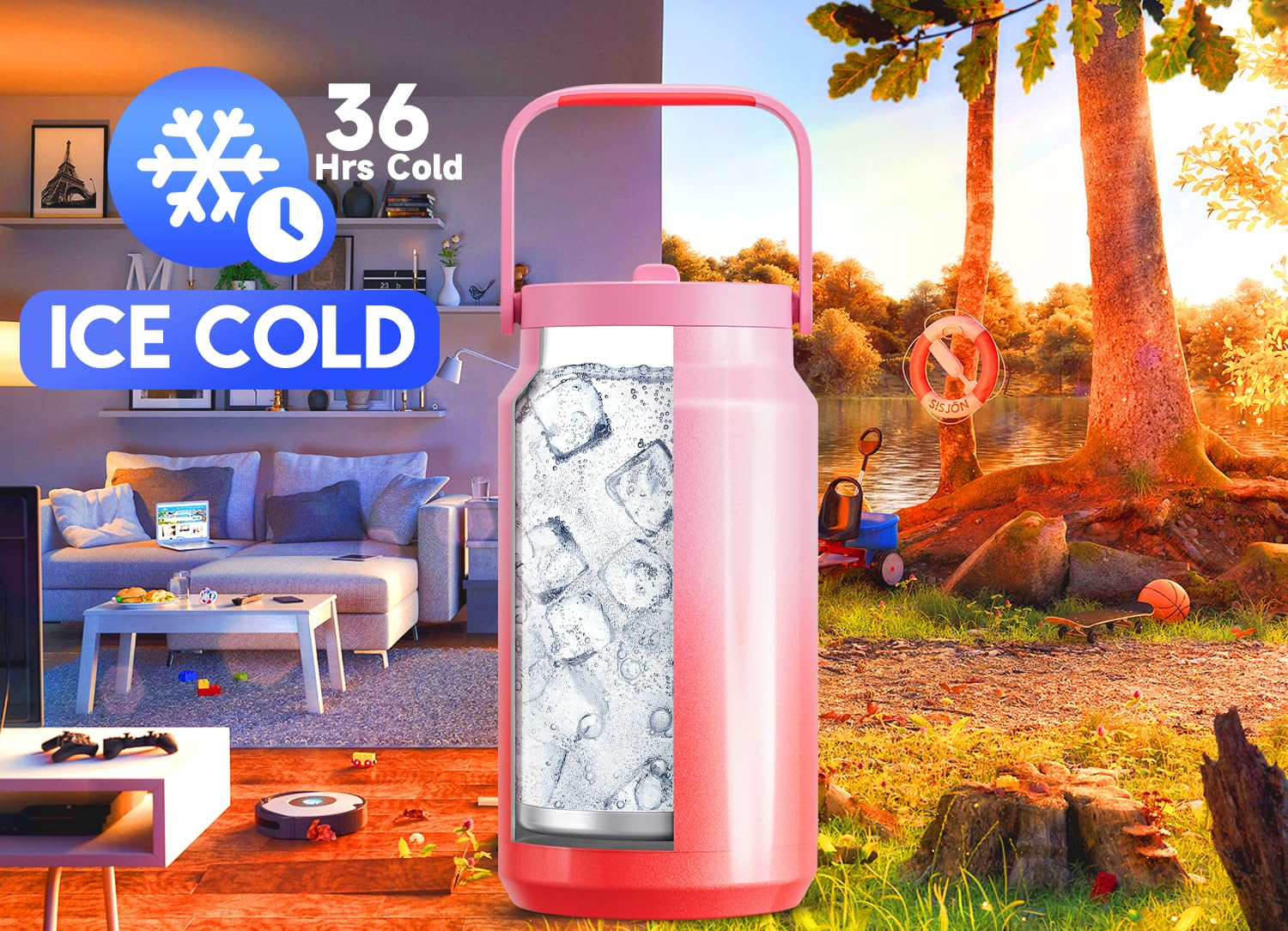 Meoky 50 oz Tumbler with Handle, Stainless Steel Vacuum Insulated Water Bottle, Keeps Cold for 36 Hours, 100% Leak Proof, BPA-free, Non-slip Base (Flamingo)