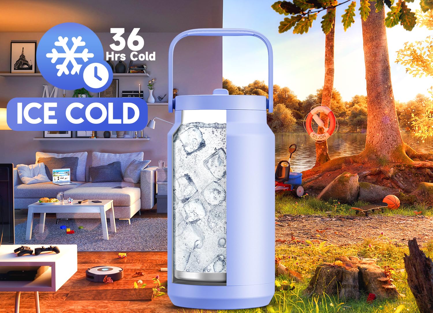 Meoky 50 oz Tumbler with Handle, Stainless Steel Vacuum Insulated Water Bottle, Keeps Cold for 36 Hours, 100% Leak Proof, BPA-free, Non-slip Base (Lilac)