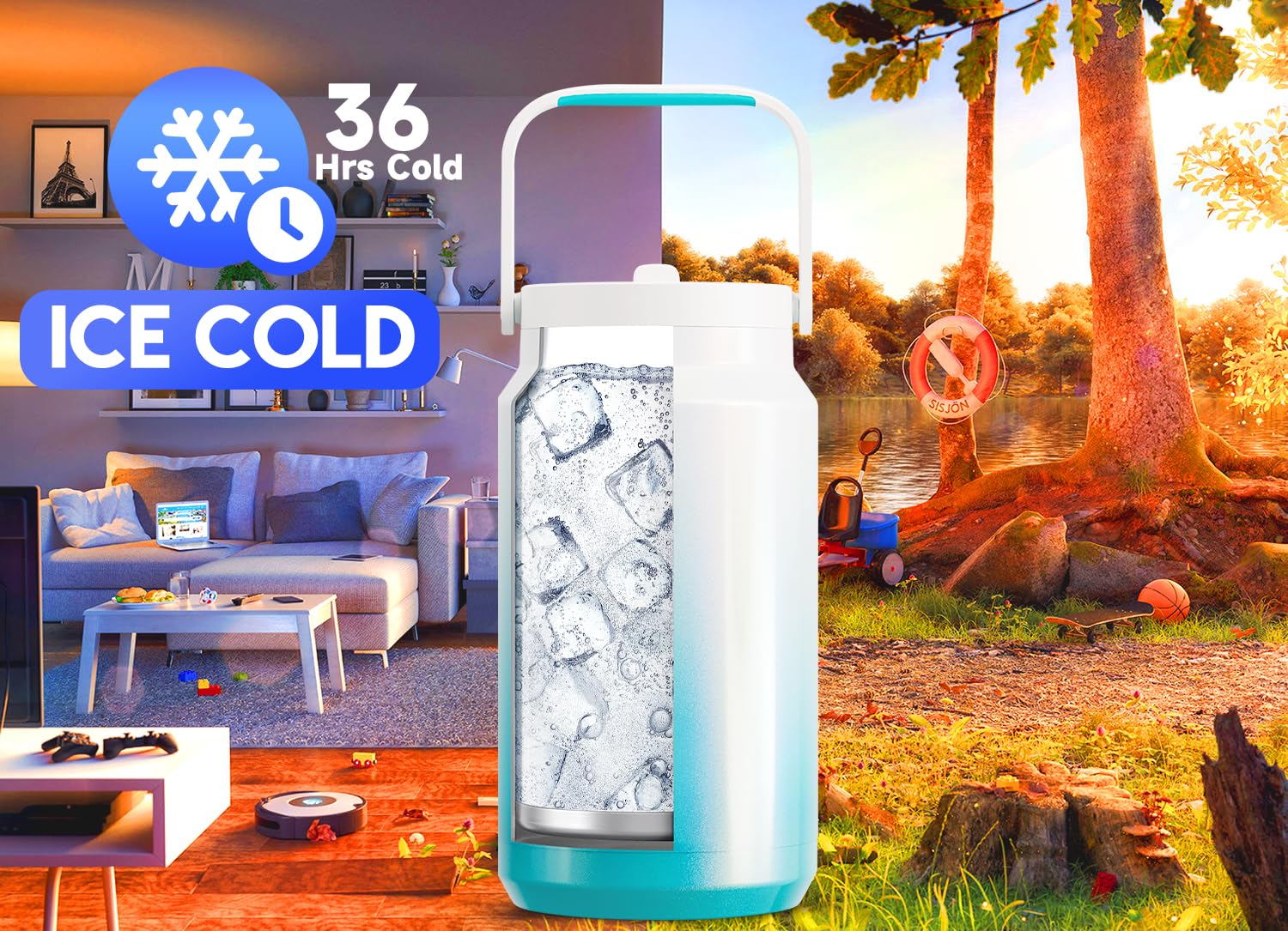 Meoky 50 oz Tumbler with Handle, Stainless Steel Vacuum Insulated Water Bottle, Keeps Cold for 36 Hours, 100% Leak Proof, BPA-free, Non-slip Base (Azure)