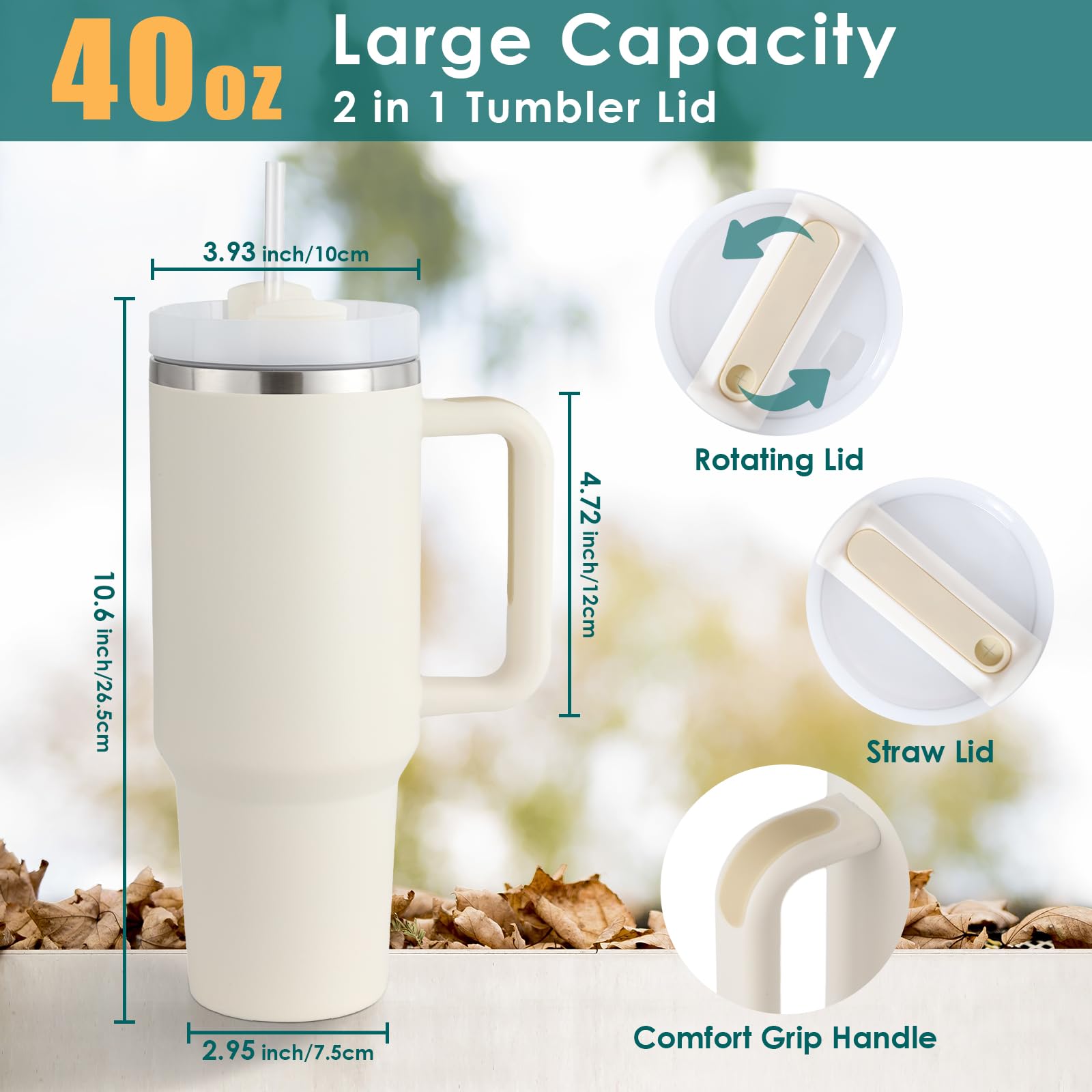 PIMDIR 40oz Tumbler with Handle Straw Lid, Stainless Steel Vacuum Insulated Reusable Travel Mug Keep Drinks Cold Ice Gym Cup, Gifts for Women Men Lovers, Car Holder Friendly, Cream White