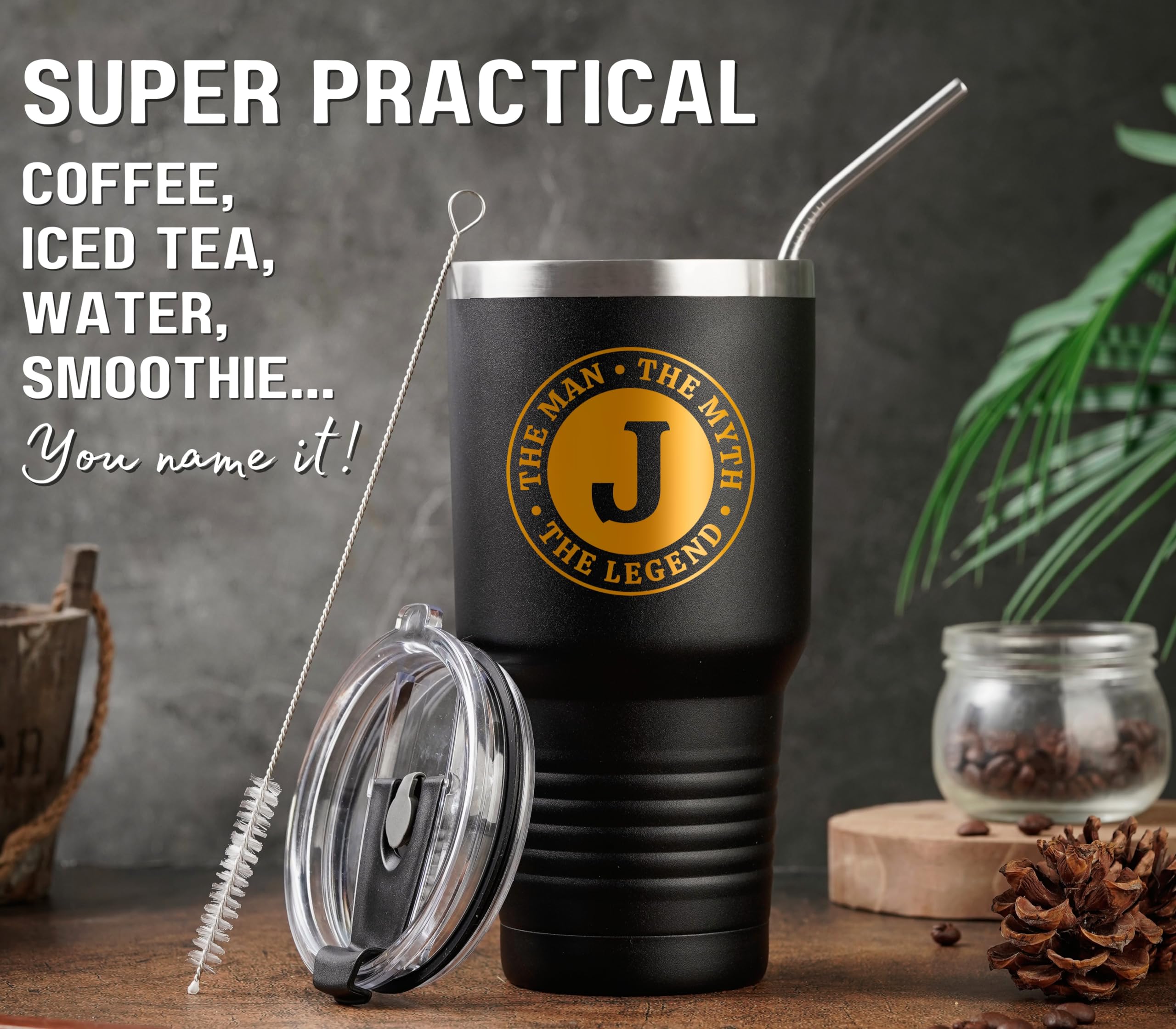 the Man the Myth the Legend Mug with Initials, Monogrammed Stainless Steel Travel Tumbler for Men, Funny Personalized Coffee Cup, Custom Beer Glass, Unique Birthday Christmas Gifts for Him, 30 oz, A