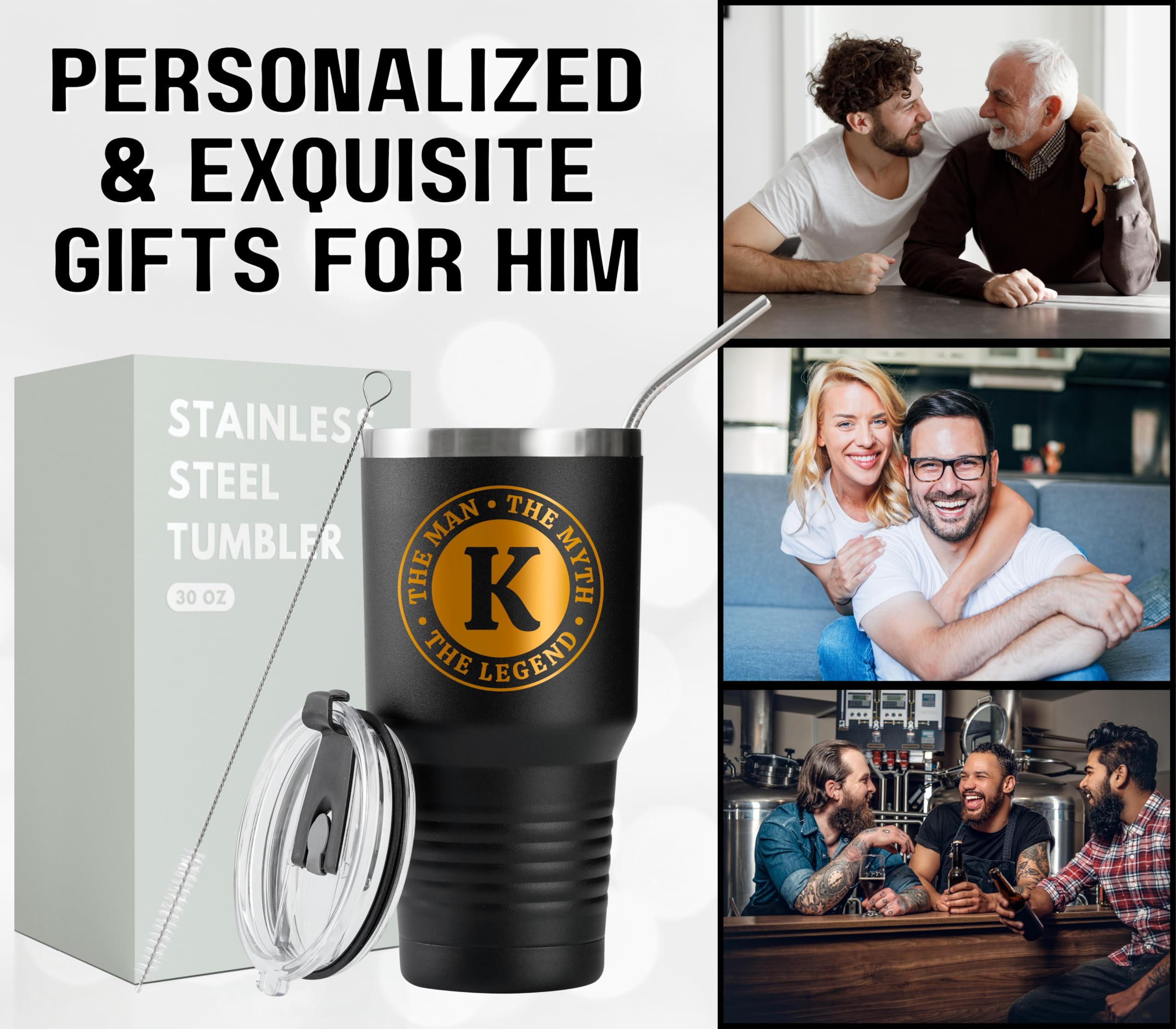 the Man the Myth the Legend Mug with Initials, Monogrammed Stainless Steel Travel Tumbler for Men, Funny Personalized Coffee Cup, Custom Beer Glass, Unique Birthday Christmas Gifts for Him, 30 oz, A