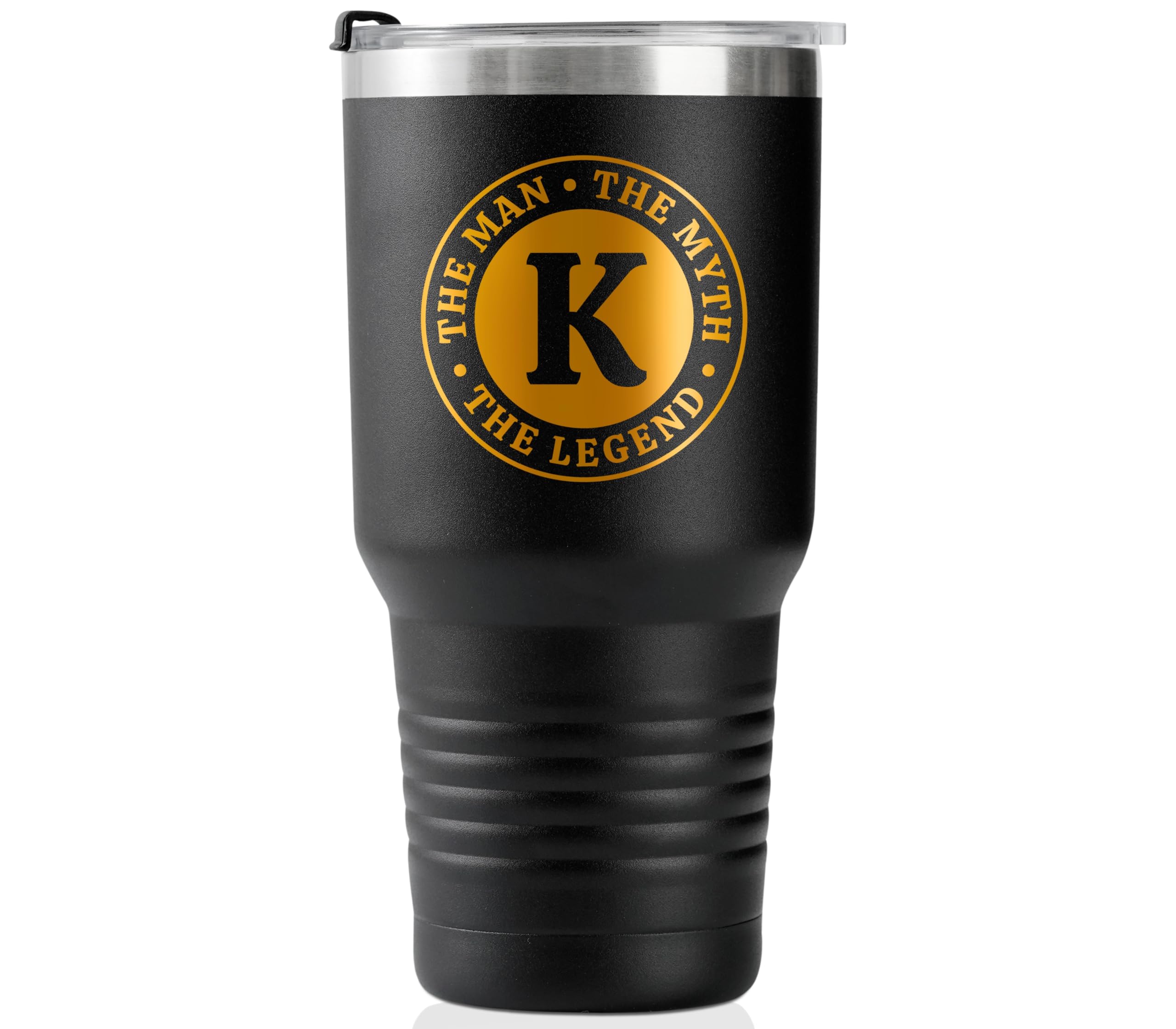 the Man the Myth the Legend Mug with Initials, Monogrammed Stainless Steel Travel Tumbler for Men, Funny Personalized Coffee Cup, Custom Beer Glass, Unique Birthday Christmas Gifts for Him, 30 oz, K