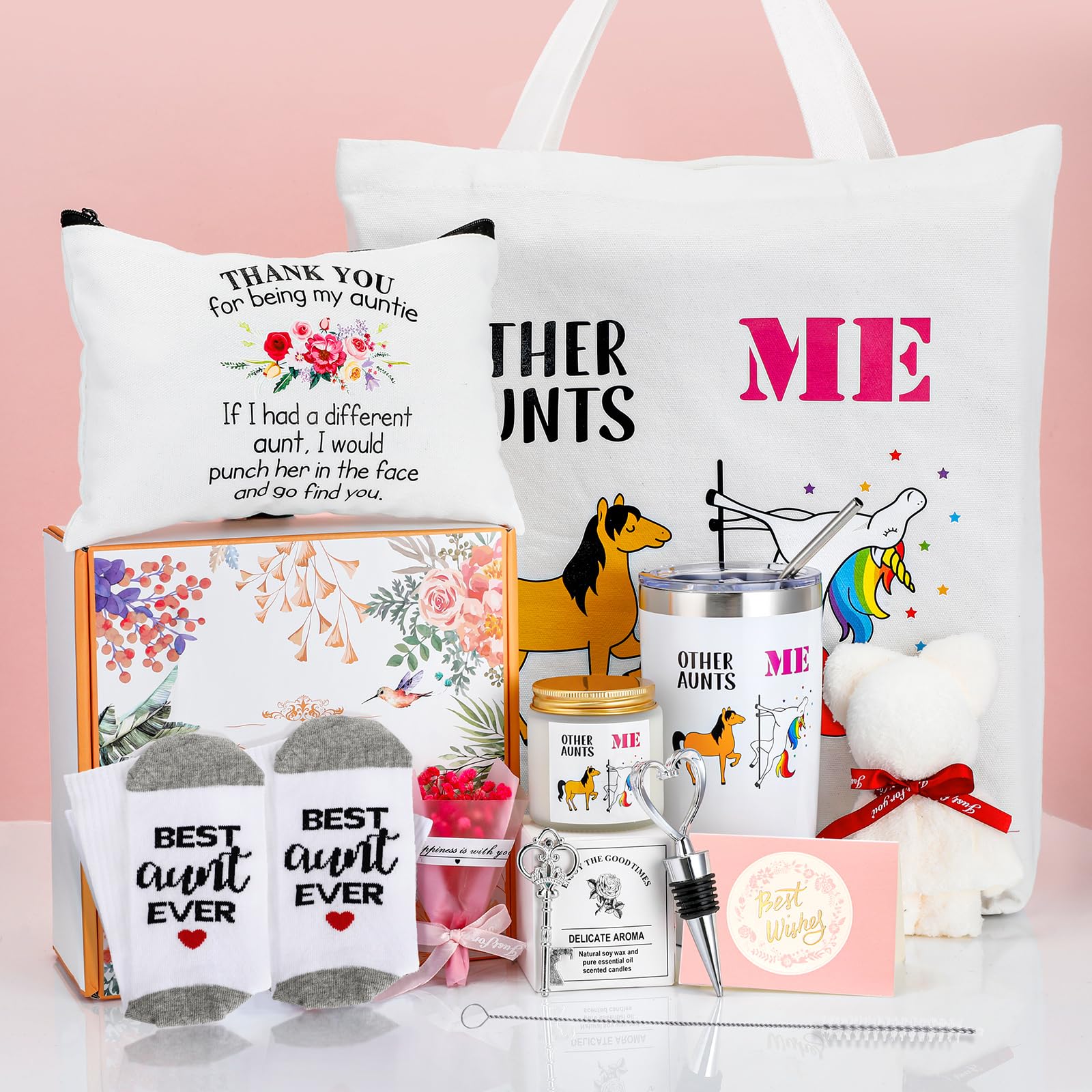 Yaomiao Mother's Day Aunt Gifts Ideas Best Aunt Ever Gifts from Niece Nephew Thank You for Being My Auntie 20 oz Travel Mug with Candle Auntie Makeup Tote Bag Socks for Women Holiday Birthday