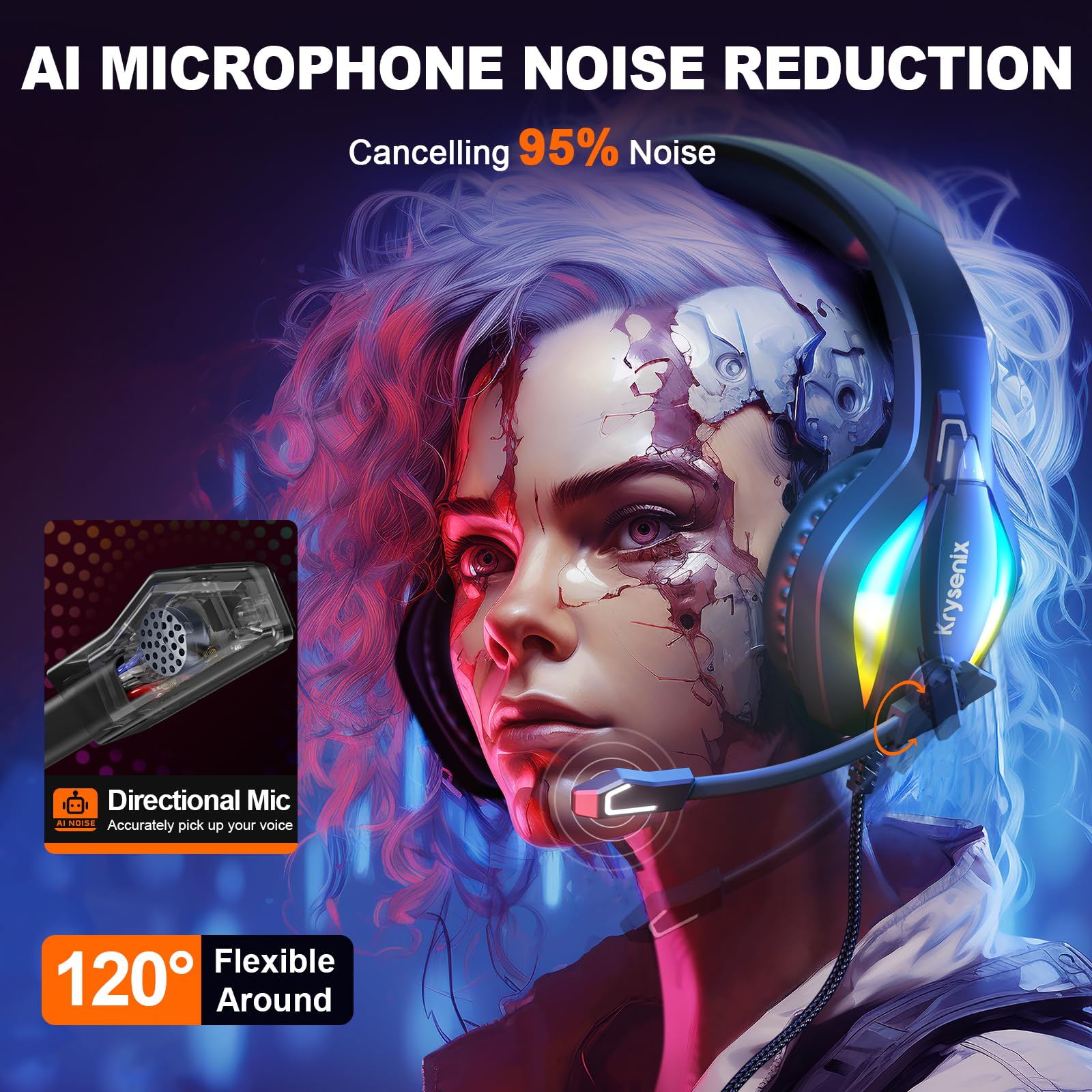 Krysenix PG1 Gaming Headset with Microphone for PS4, PS5, PC, Switch, Xbox, Gaming Headphones with RGB Light, Computer Headset with Mic & 3.5mm Jack