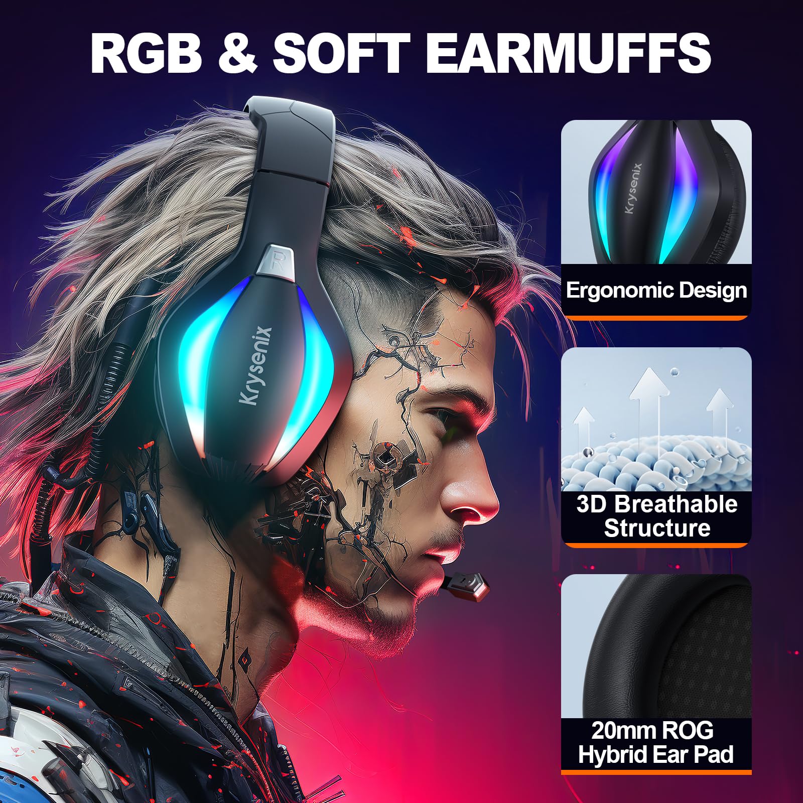 Krysenix PG1 Gaming Headset with Microphone for PS4, PS5, PC, Switch, Xbox, Gaming Headphones with RGB Light, Computer Headset with Mic & 3.5mm Jack