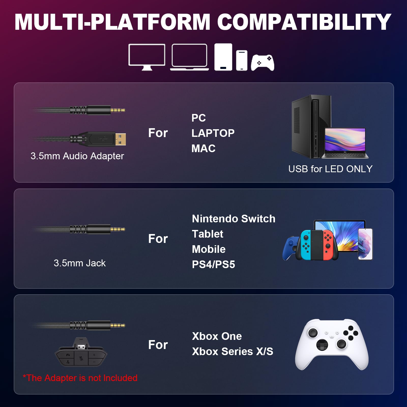 Krysenix PG1 Gaming Headset with Microphone for PS4, PS5, PC, Switch, Xbox, Gaming Headphones with RGB Light, Computer Headset with Mic & 3.5mm Jack