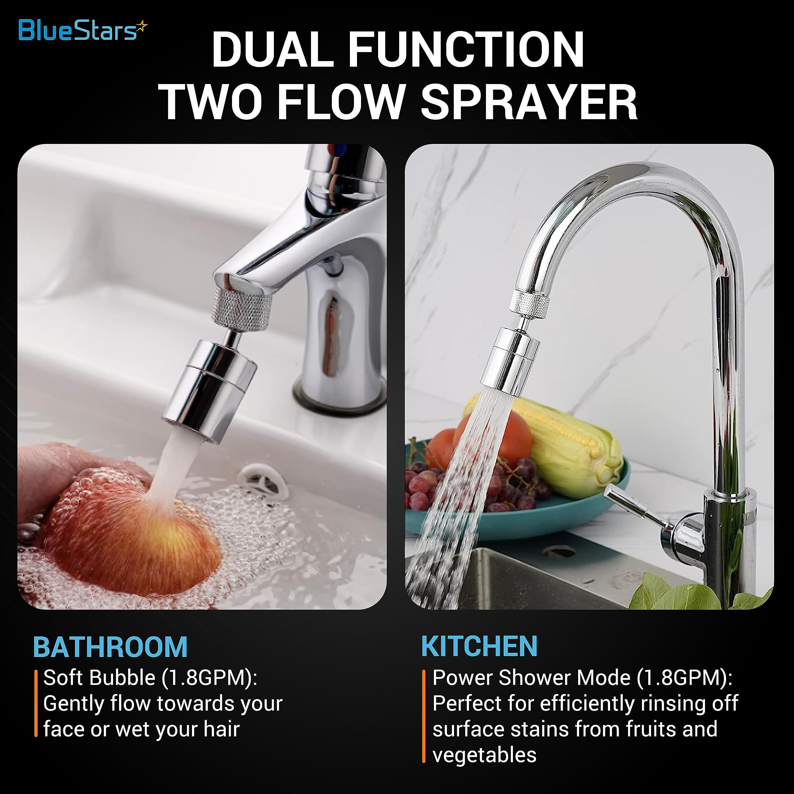 BlueStars Ultra-durable 1440° Rotating Faucet Aerator - Two Water Outlet Modes - Universal Splash Filter Faucet - For Bathroom/Kitchen Sink