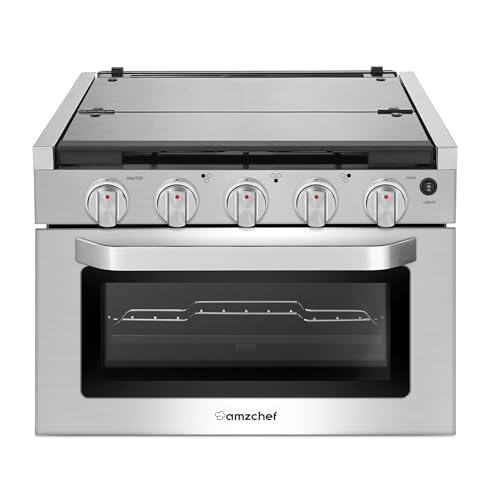 AMZCHEF RV Gas Range 17 Inches Tall, 1.24 Cu.Ft Propane Range Oven with 3 Burners Stove for RV, Apartment, Mobile Home, Stainless Steel.